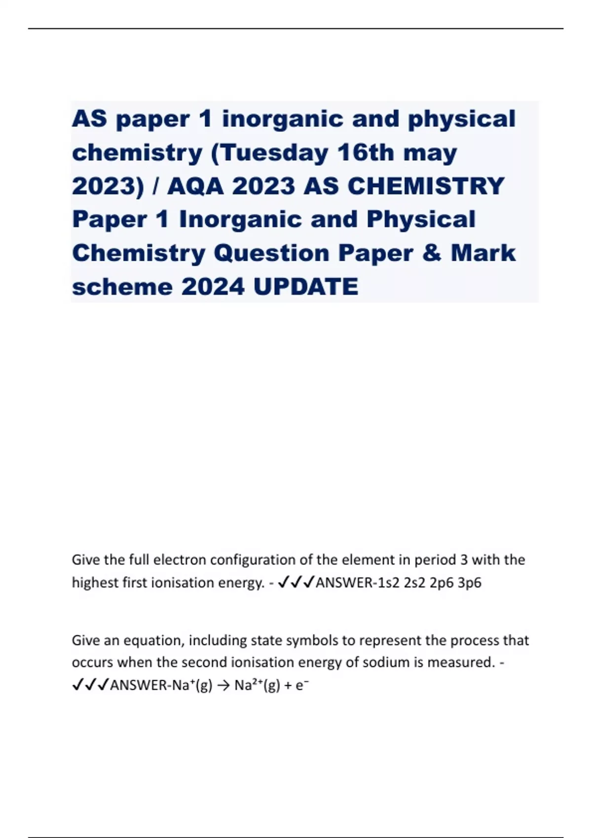 AS paper 1 inorganic and physical chemistry (Tuesday 16th may 2023 ...