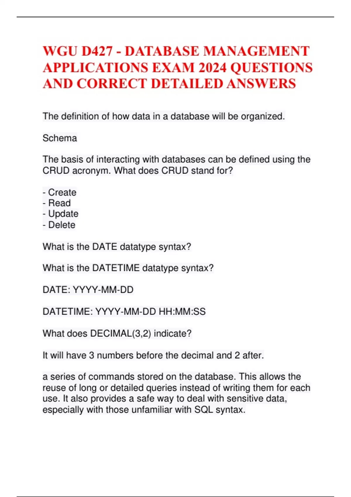WGU D427 - DATABASE MANAGEMENT APPLICATIONS EXAM 2024 QUESTIONS AND CORRECT DETAILED ANSWERS ...