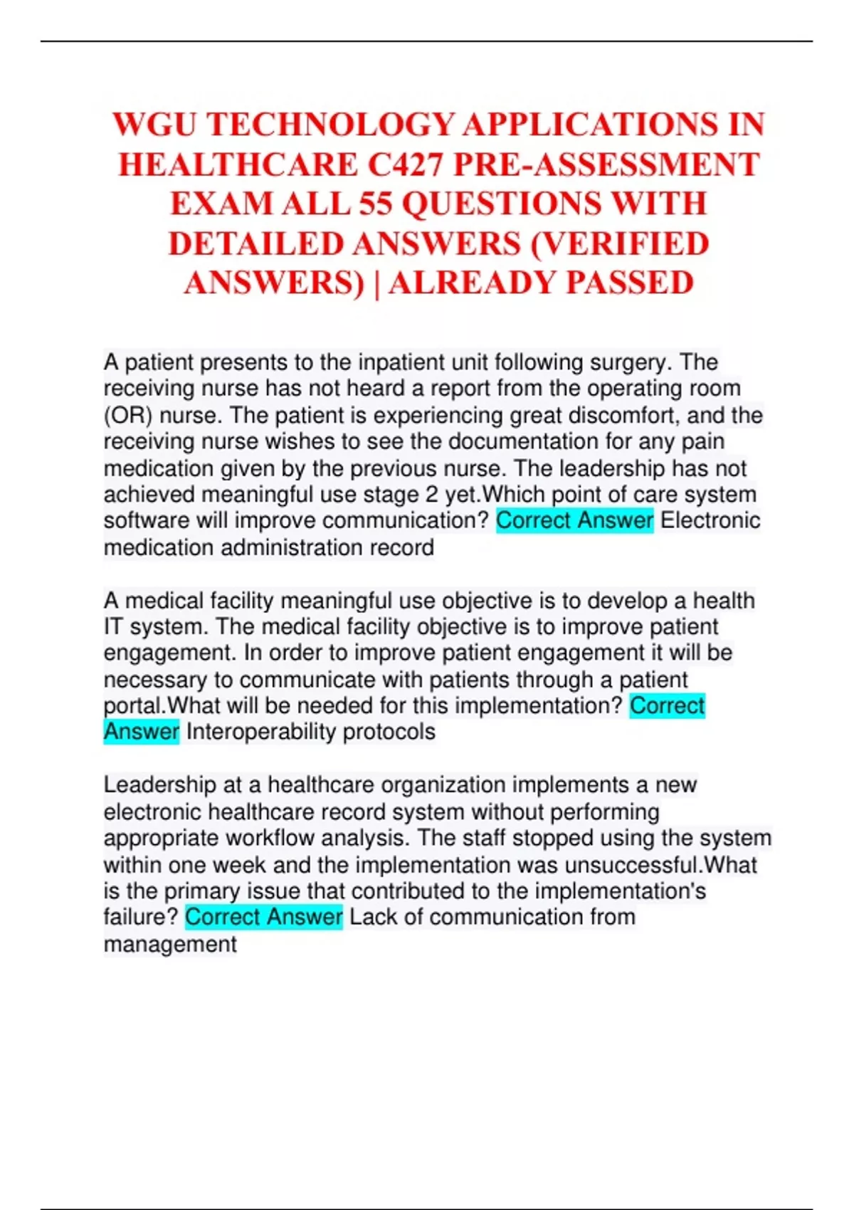 WGU TECHNOLOGY APPLICATIONS IN HEALTHCARE C427 PRE-ASSESSMENT EXAM ALL ...