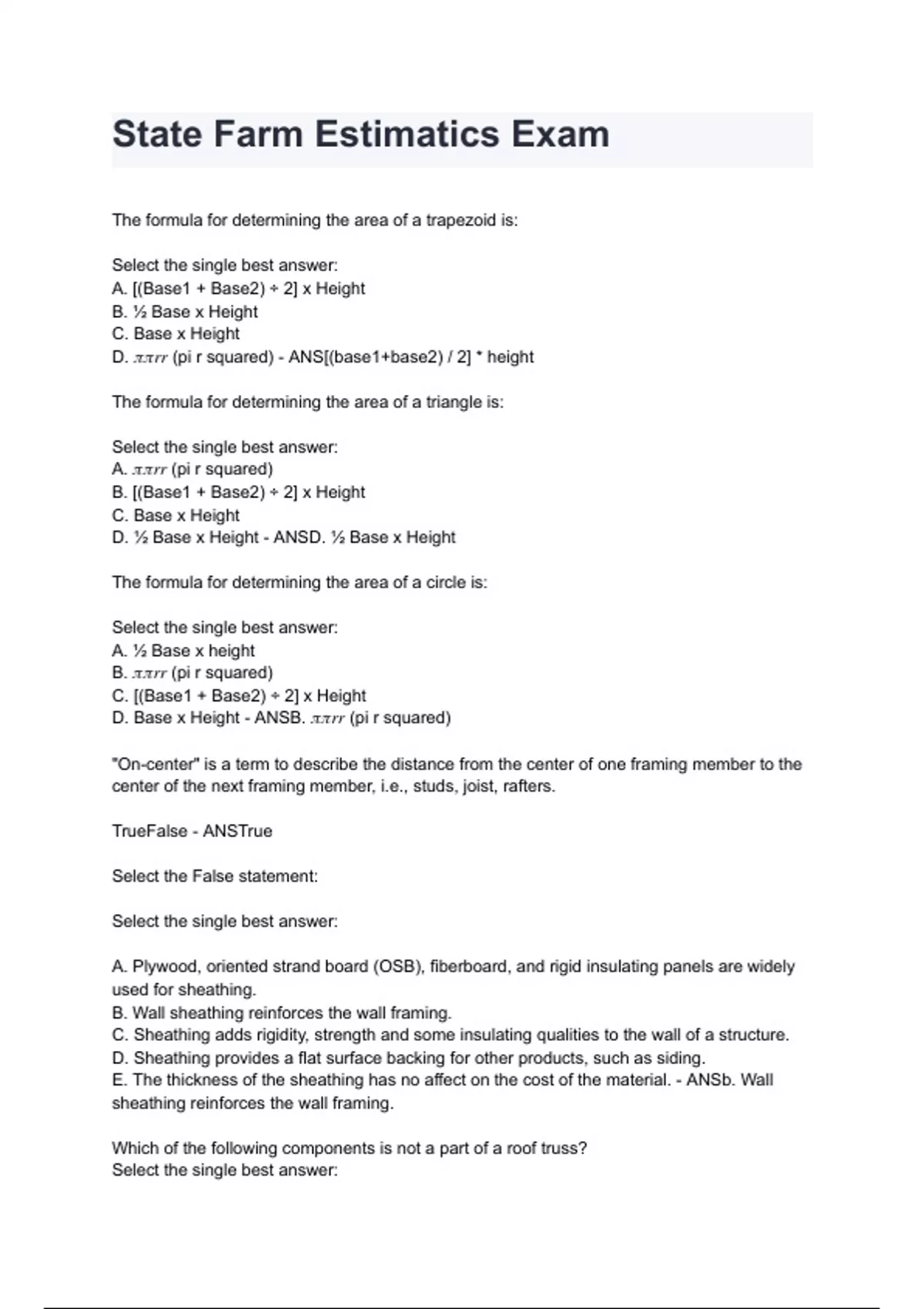 State Farm Estimatics Exam questions and answers rated A+ by experts ...