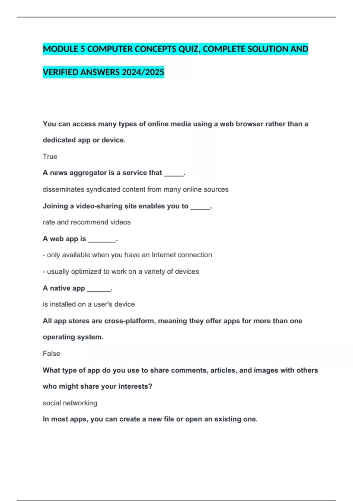 MODULE 5 COMPUTER CONCEPTS QUIZ, COMPLETE SOLUTION AND VERIFIED ANSWERS 2024/2025 - COMPUTER ...