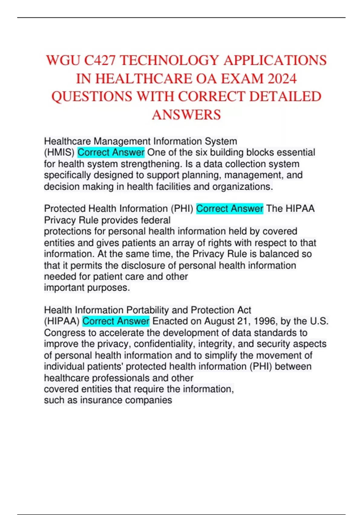 WGU C427 TECHNOLOGY APPLICATIONS IN HEALTHCARE OA EXAM 2024 QUESTIONS ...