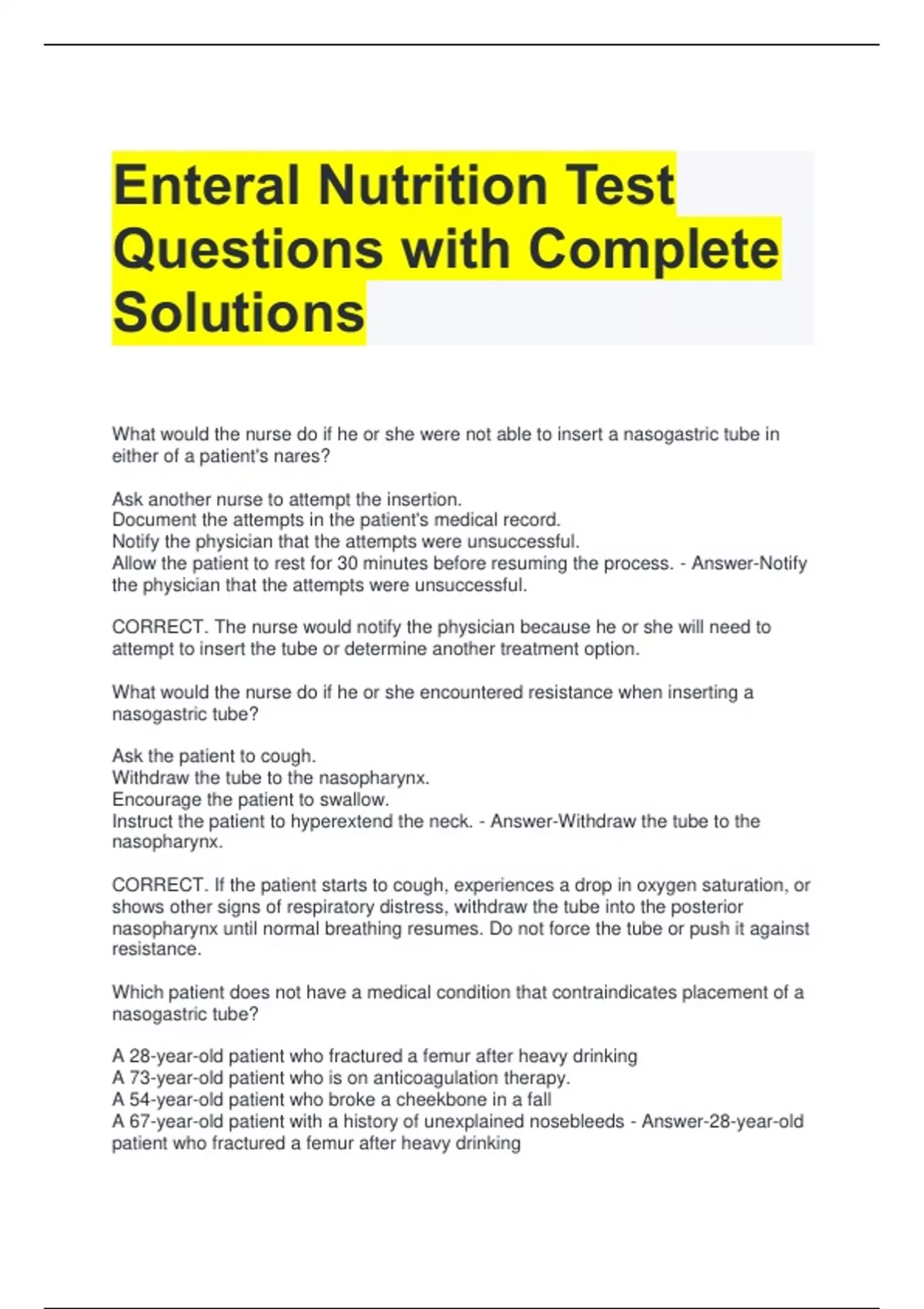Enteral Nutrition Test Questions with Complete Solutions - Enteral ...