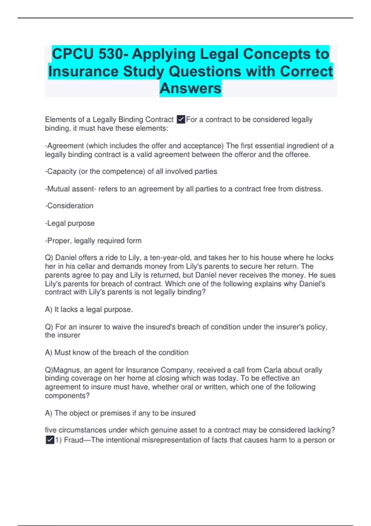 CPCU 530- Applying Legal Concepts to Insurance Study Questions with ...