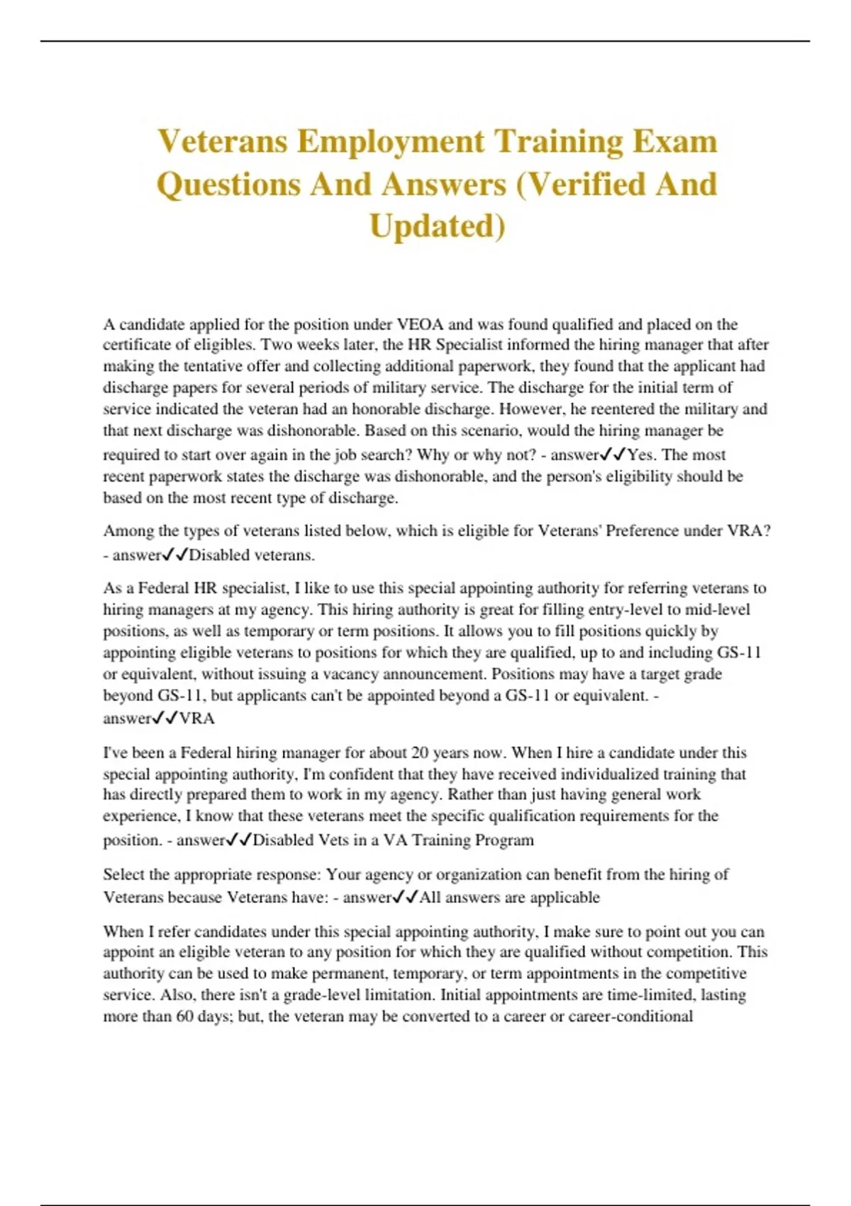 Veterans Employment Training Exam Questions And Answers (Verified And ...