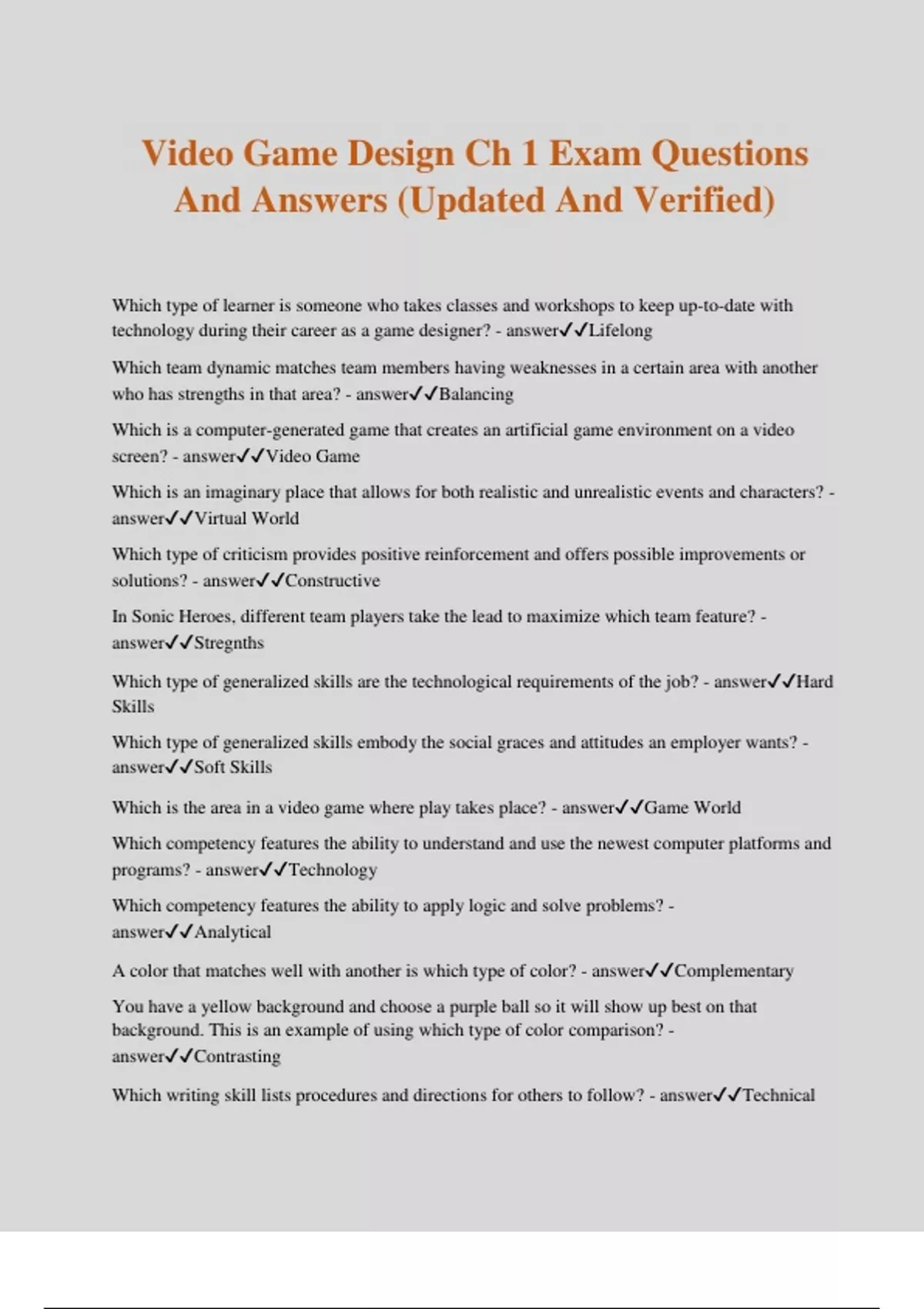 Video Game Design Ch 1 Exam Questions And Answers (Updated And Verified ...
