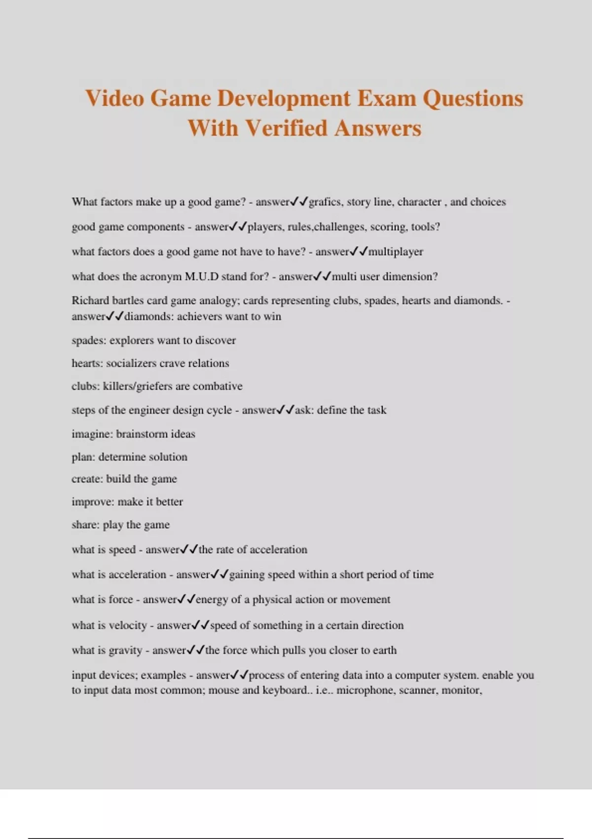 Video Game Development Exam Questions With Verified Answers - Video ...