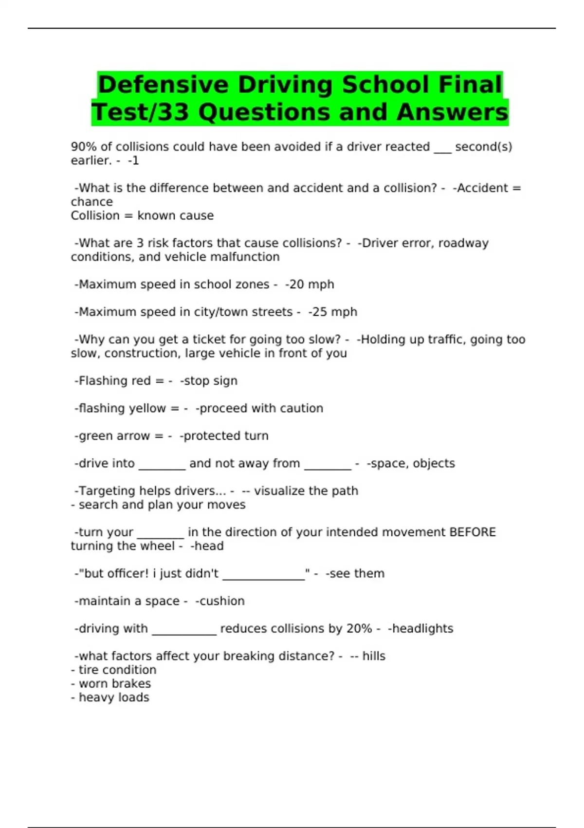 Defensive Driving School Final Test/33 Questions and Answers ...