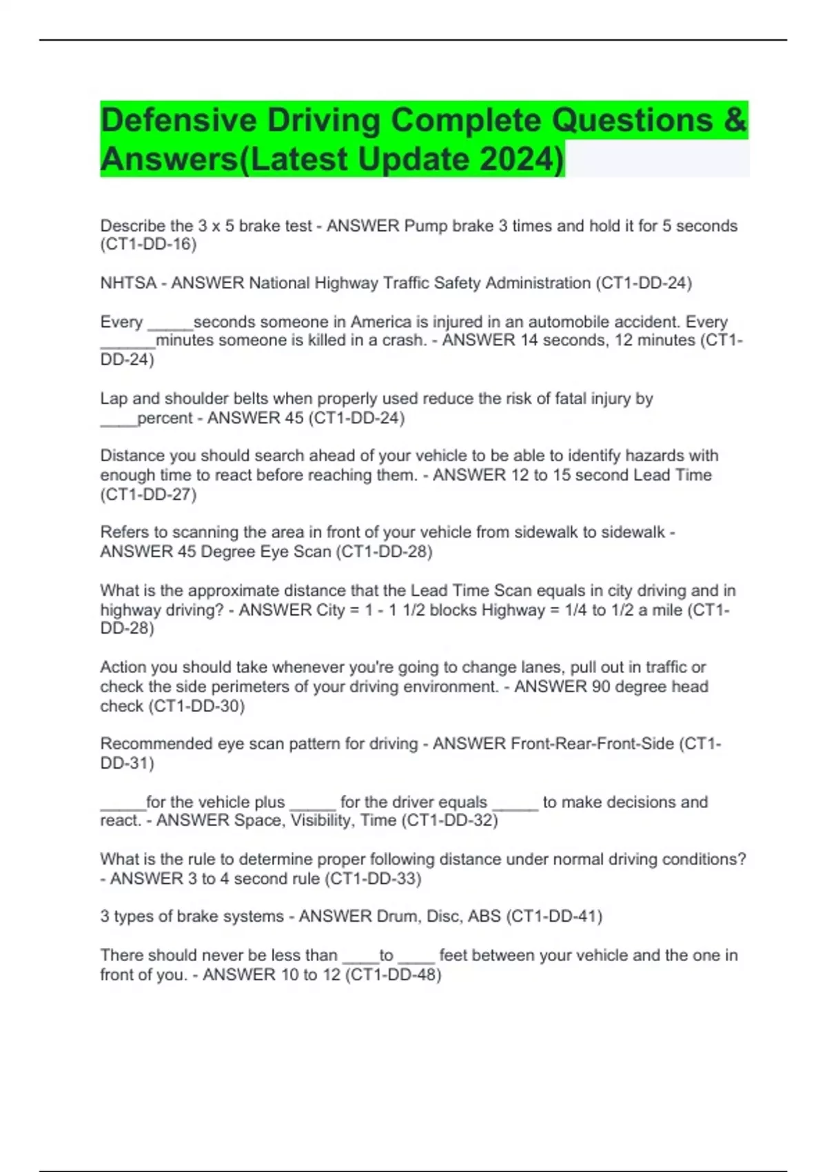 Defensive Driving Complete Questions & Answers(Latest Update 2024 ...