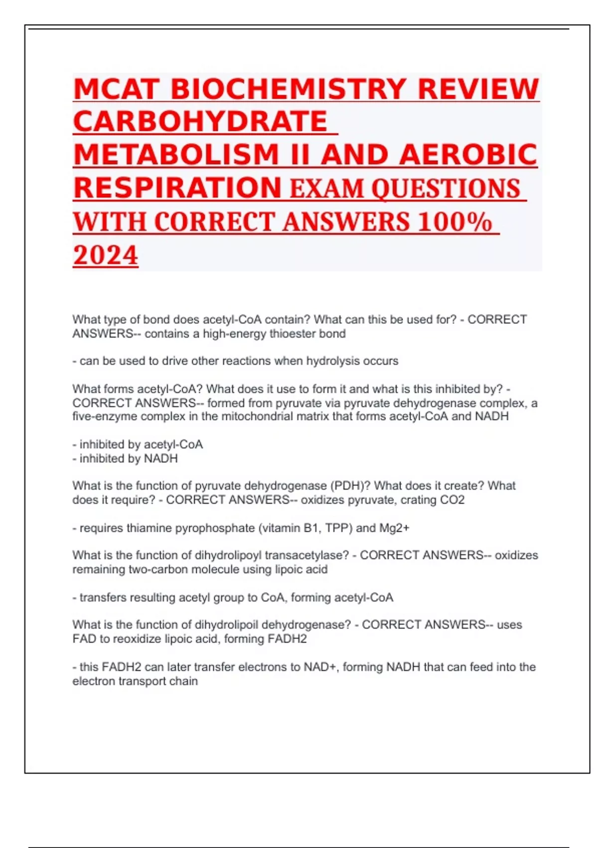 Mcat Biochemistry Review Carbohydrate Metabolism Ii And Aerobic Respiration Exam Questions With