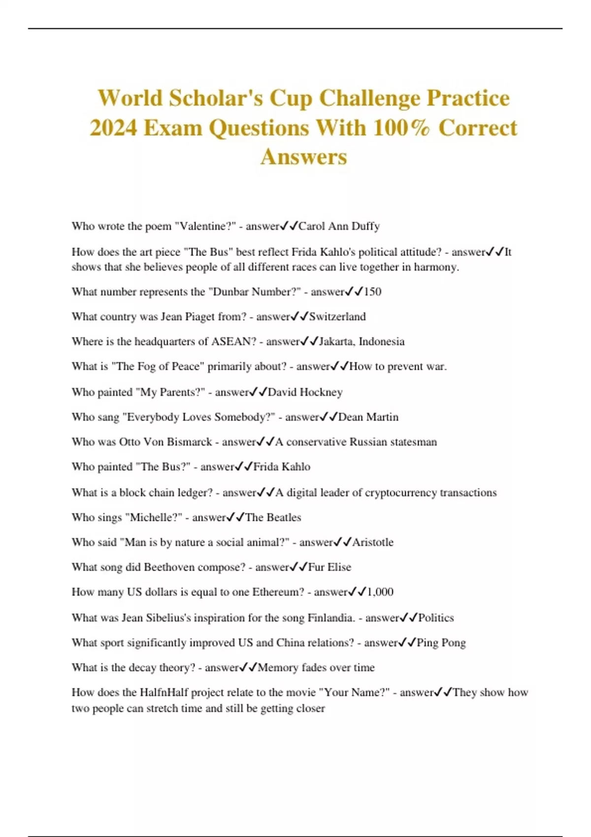 World Scholar's Cup Challenge Practice 2024 Exam Questions With 100% ...
