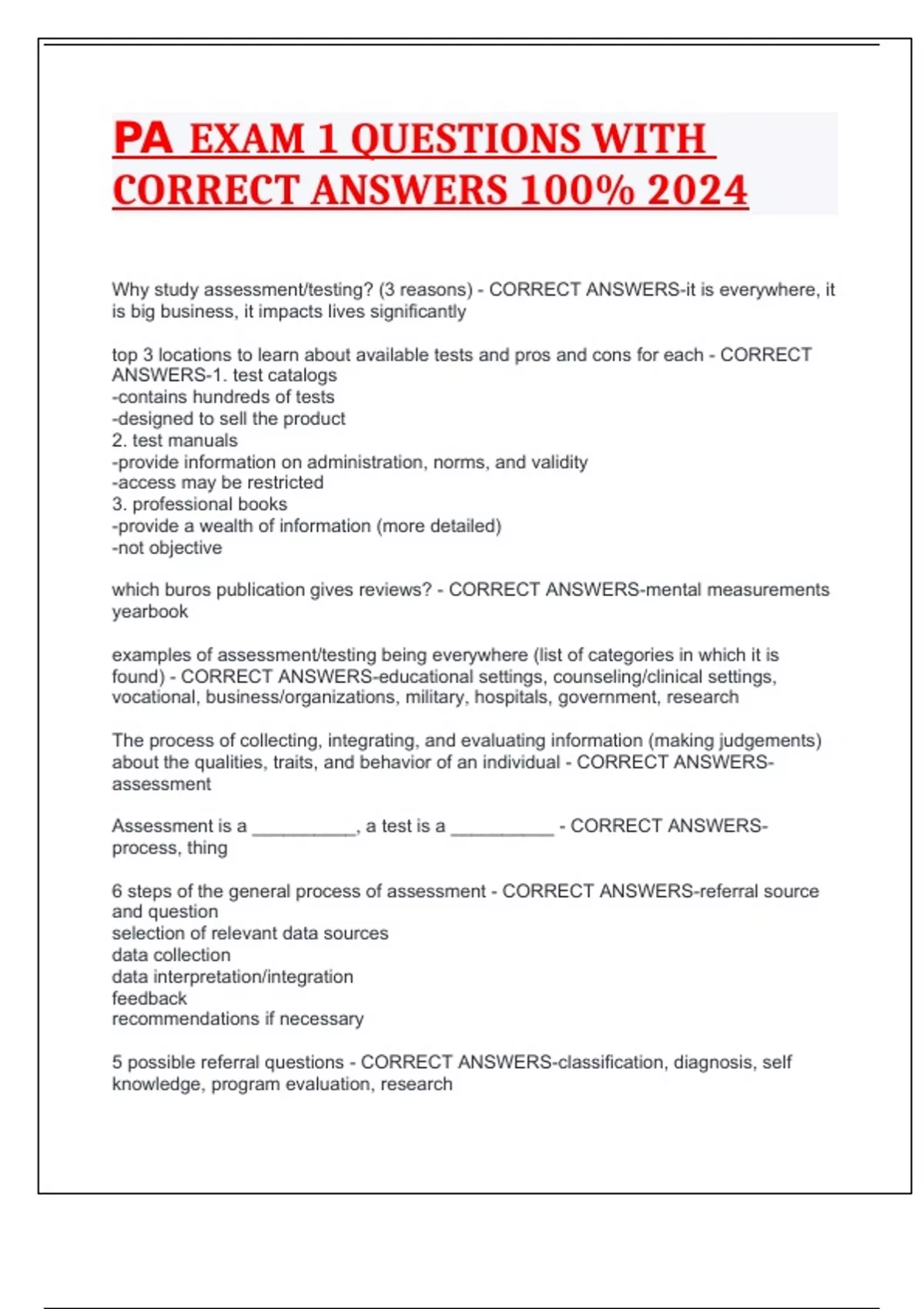 PA EXAM 1 QUESTIONS WITH CORRECT ANSWERS 100% 2024 - PA - Stuvia US