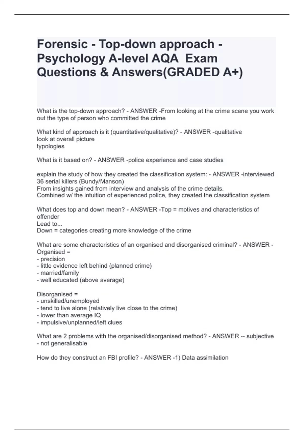 Forensic - Top-down approach - Psychology A-level AQA Exam Questions ...