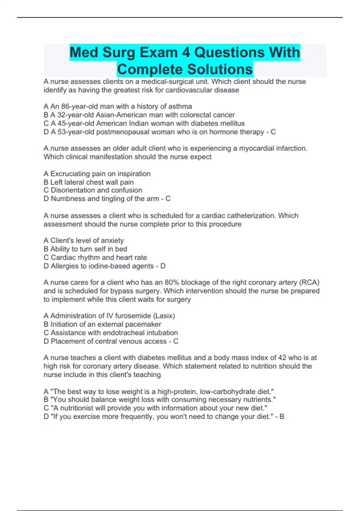 Med Surg Exam 4 Questions With Complete Solutions - Medical-Surgical ...