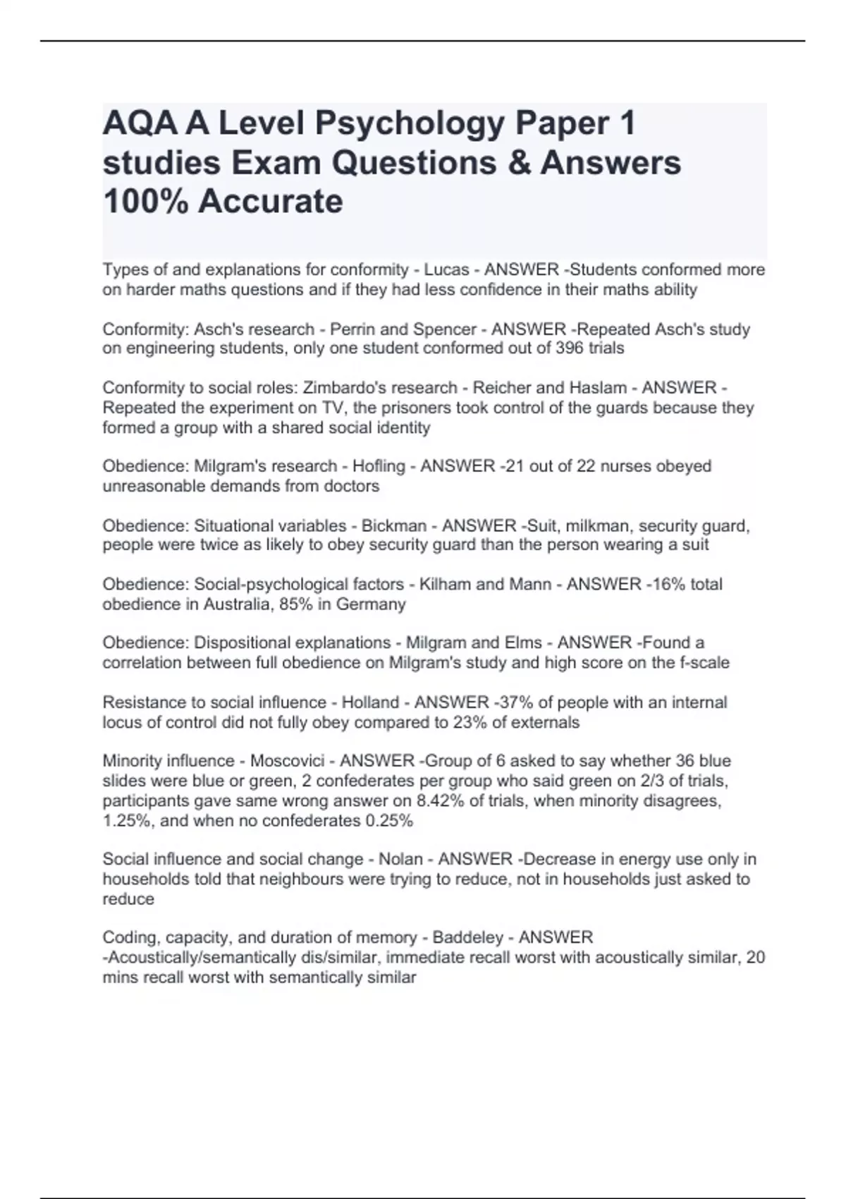 AQA A Level Psychology Paper 1 studies Exam Questions & Answers 100% Accurate - AQA A Level ...