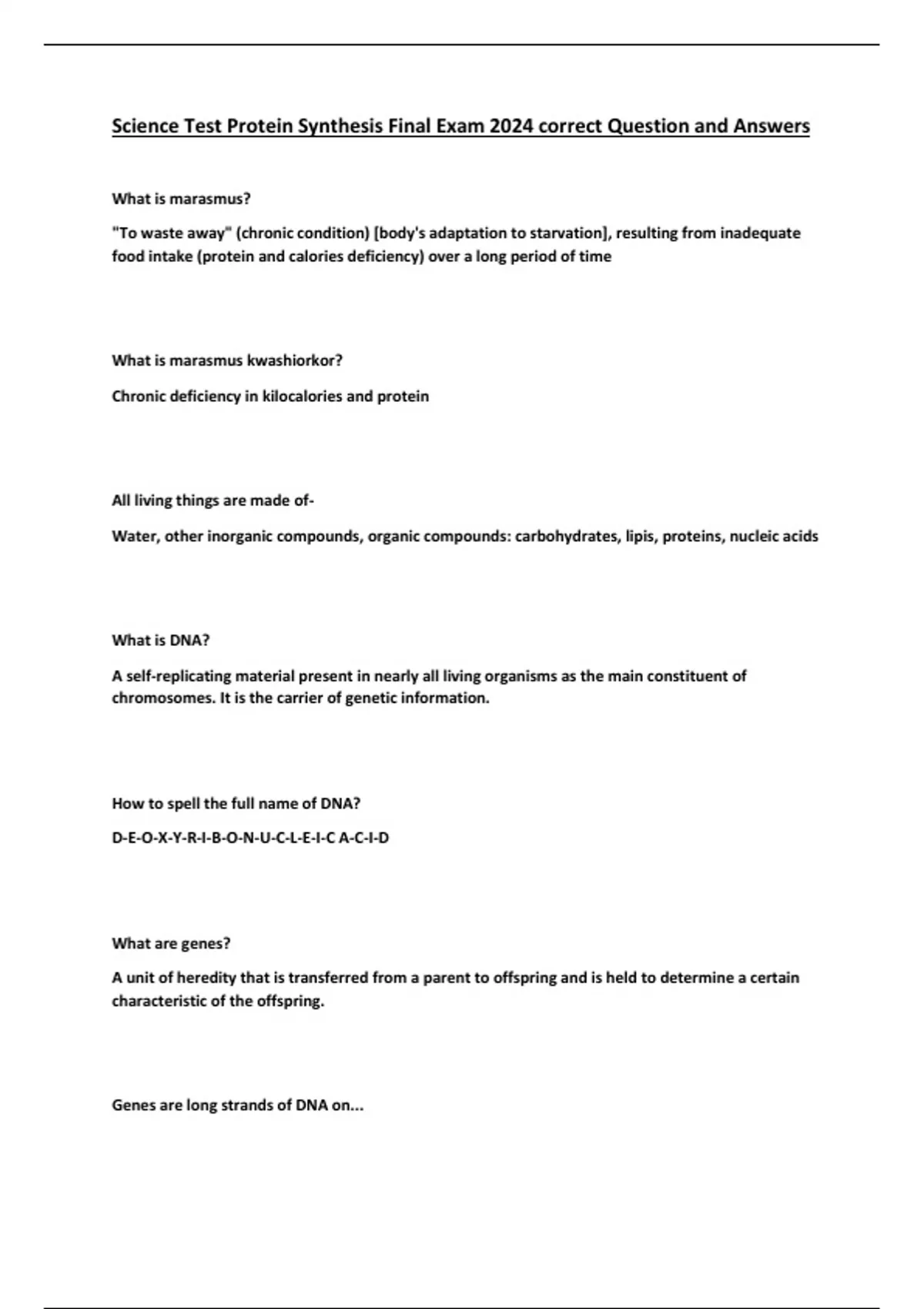 Science Test Protein Synthesis Final Exam 2024 correct Question and ...