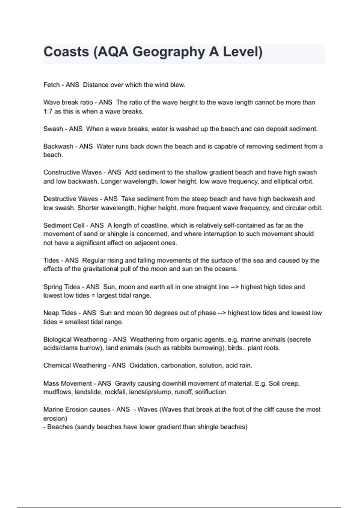 Coasts (AQA Geography A Level) Exam 2024/2025 Questions With Completed ...