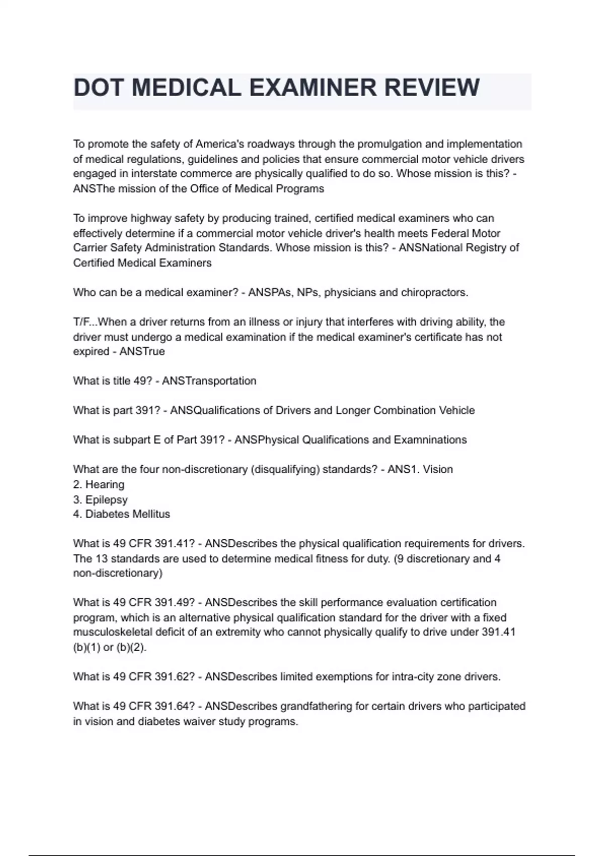 DOT MEDICAL EXAMINER REVIEW questions and answers graded A+ by experts ...