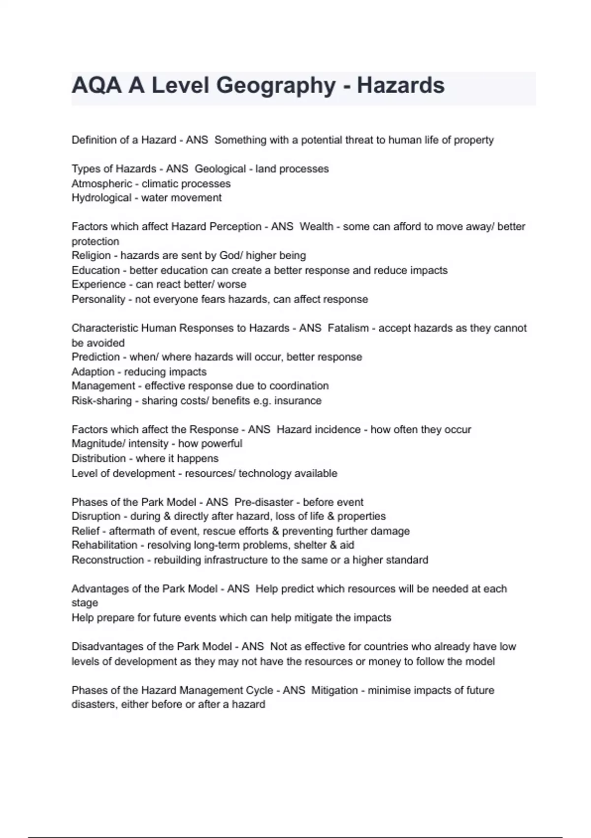 AQA A Level Geography - Hazards Exam 2024/2025 Questions & Correct ...