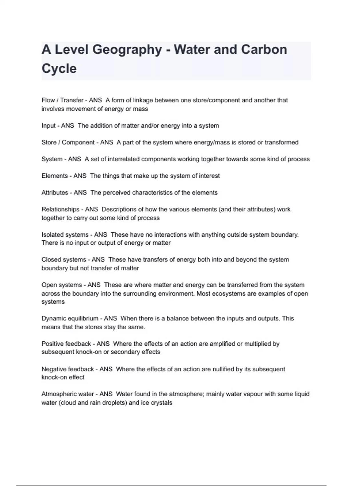 A Level Geography - Water and Carbon Cycle Exam 2024/2025 Questions ...