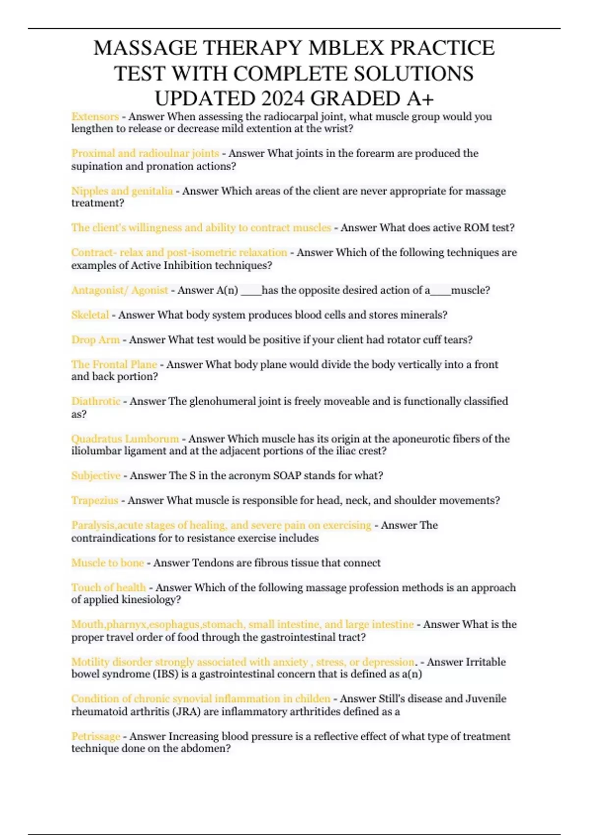 MASSAGE THERAPY MBLEX PRACTICE TEST WITH COMPLETE SOLUTIONS UPDATED ...