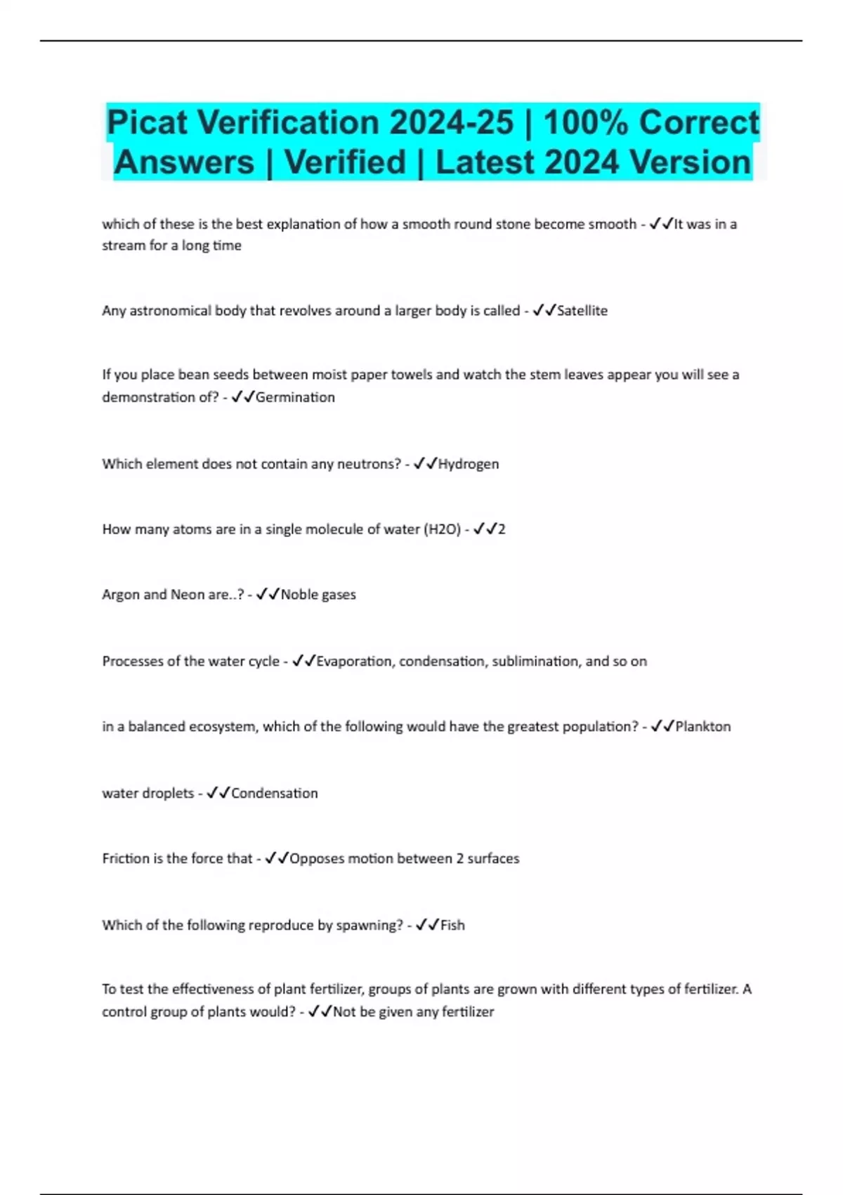 Picat Verification 2024-25 | 100% Correct Answers | Verified | Latest ...