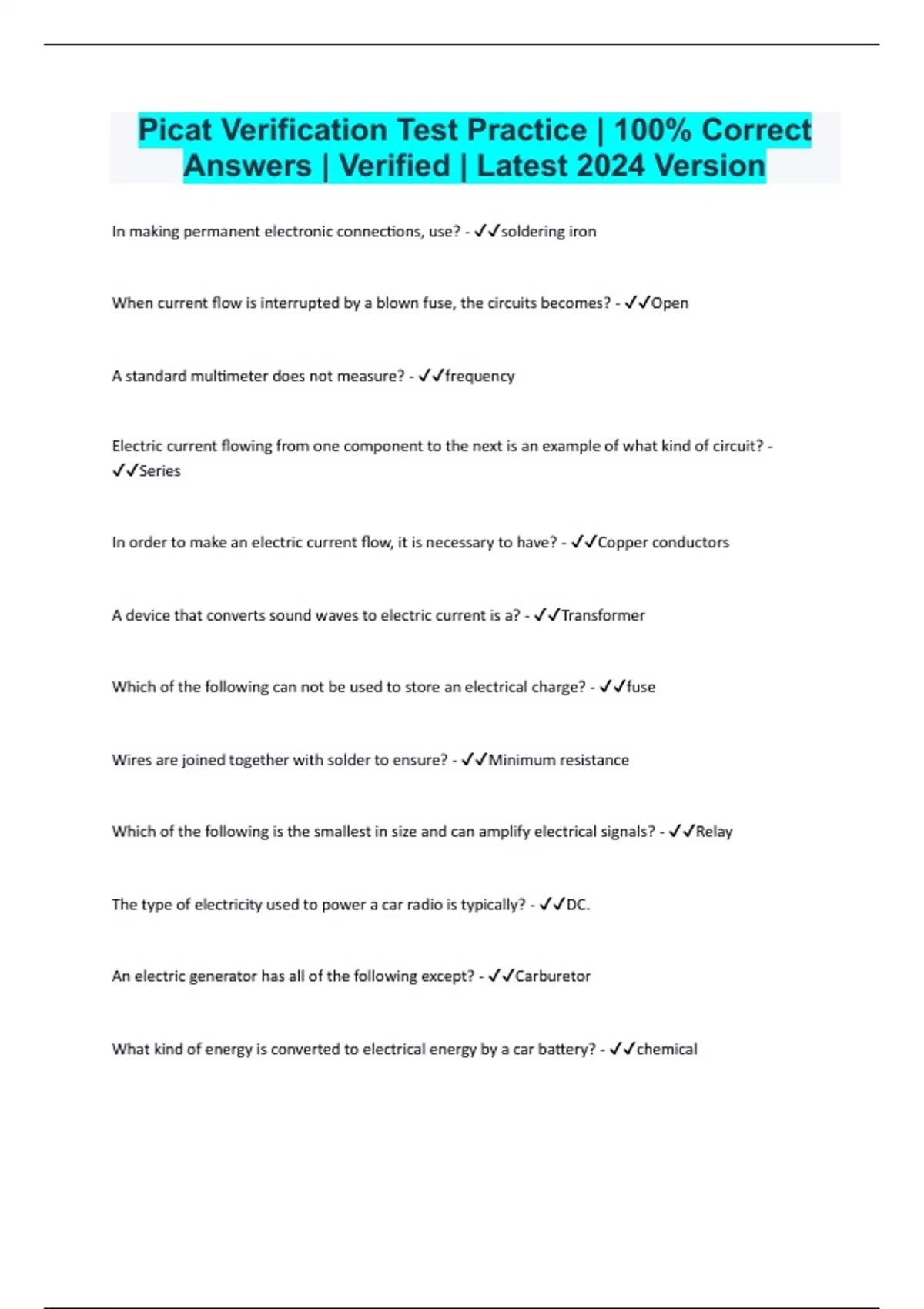 Picat Verification Test Practice | 100% Correct Answers | Verified ...