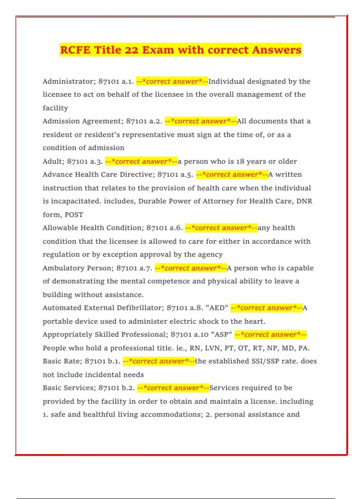 RCFE Title 22 Exam with correct Answers - Rcfe - Stuvia US
