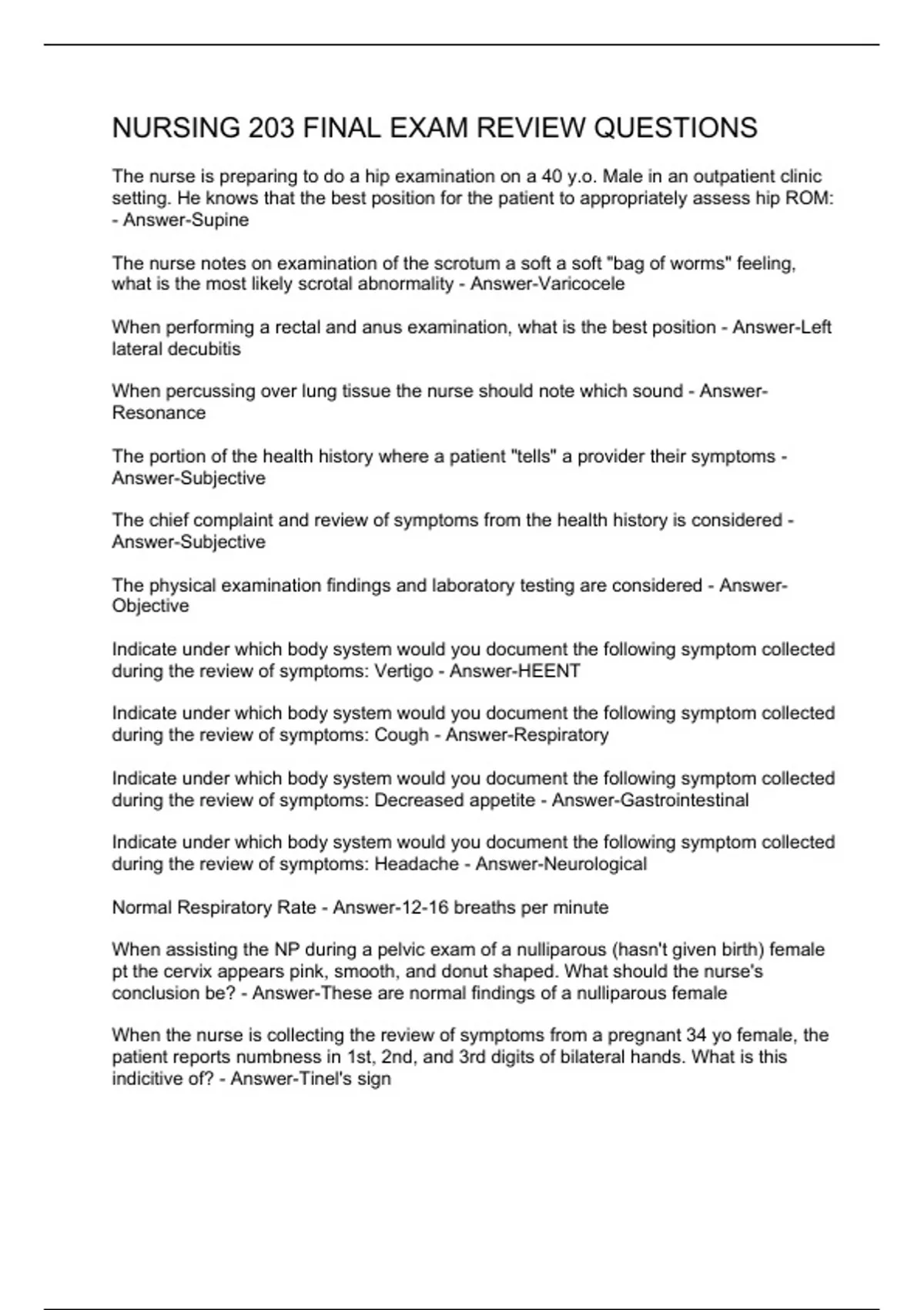 NURSING 203 FINAL EXAM REVIEW QUESTIONS - NURSING 203 - Stuvia US