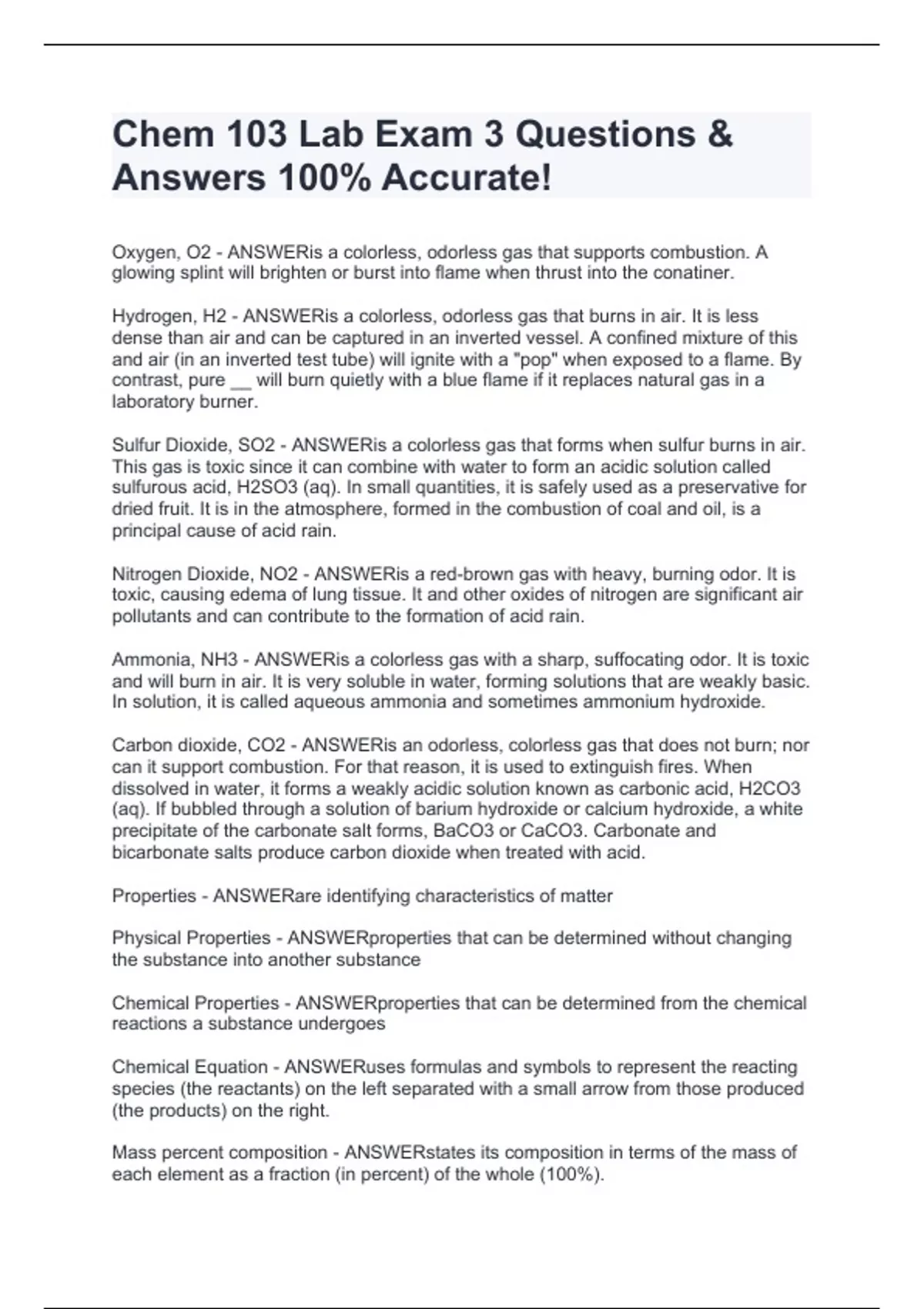 Chem 103 Lab Exam 3 Questions & Answers 100% Accurate! - Chem 103 Lab ...