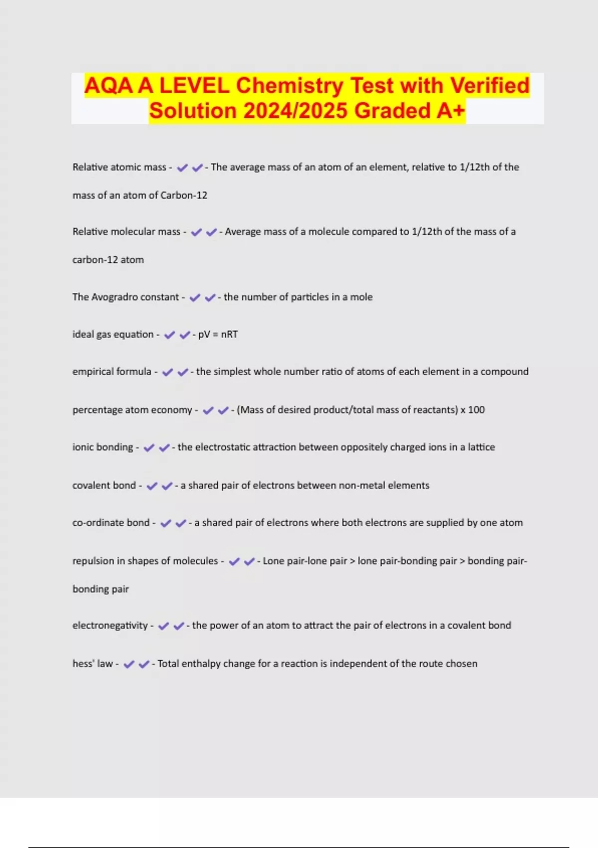 AQA A LEVEL Chemistry Test with Verified Solution 2024/2025 Graded A+ ...