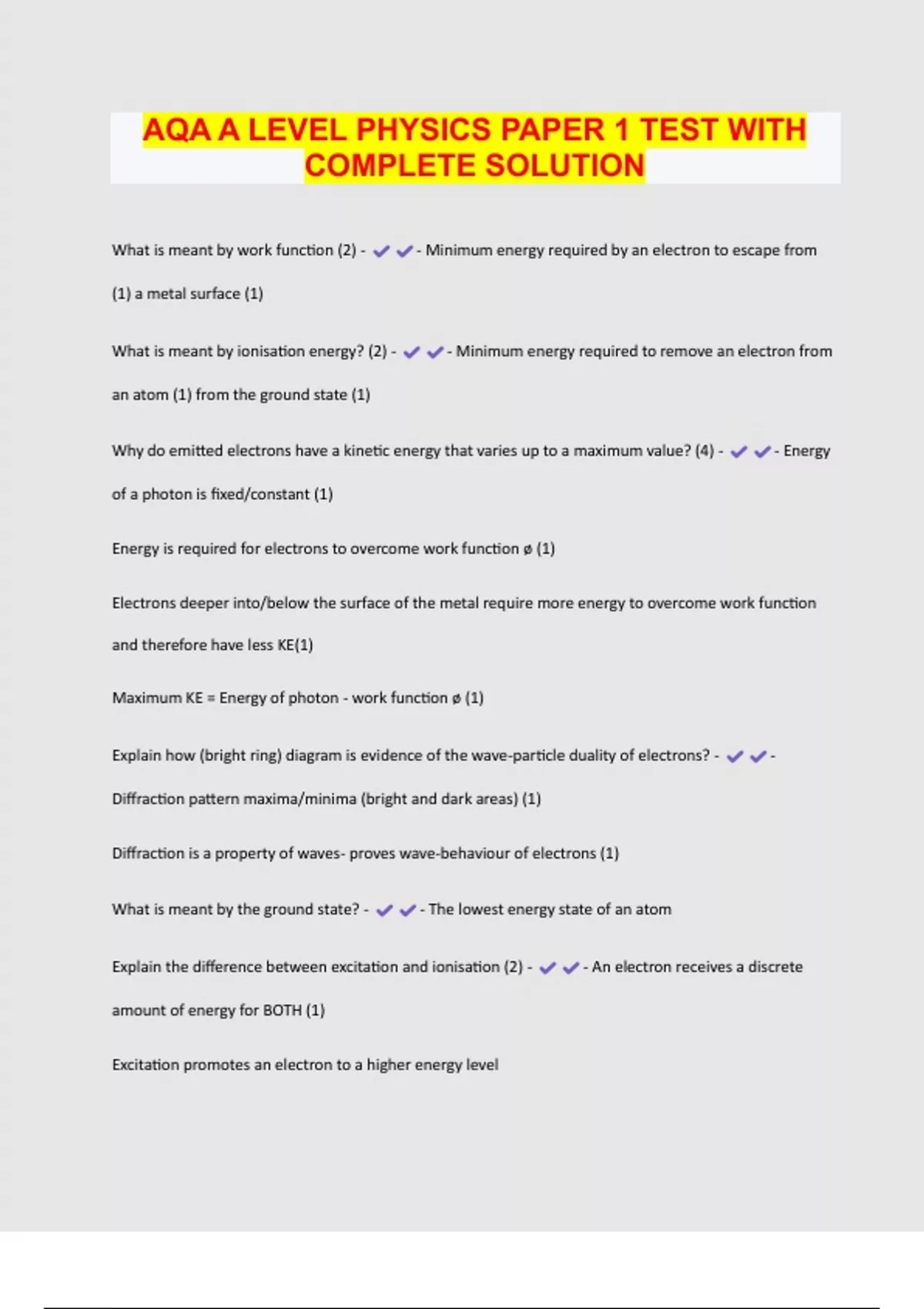 AQA A LEVEL PHYSICS PAPER 1 TEST WITH COMPLETE SOLUTION - AQA A LEVEL ...