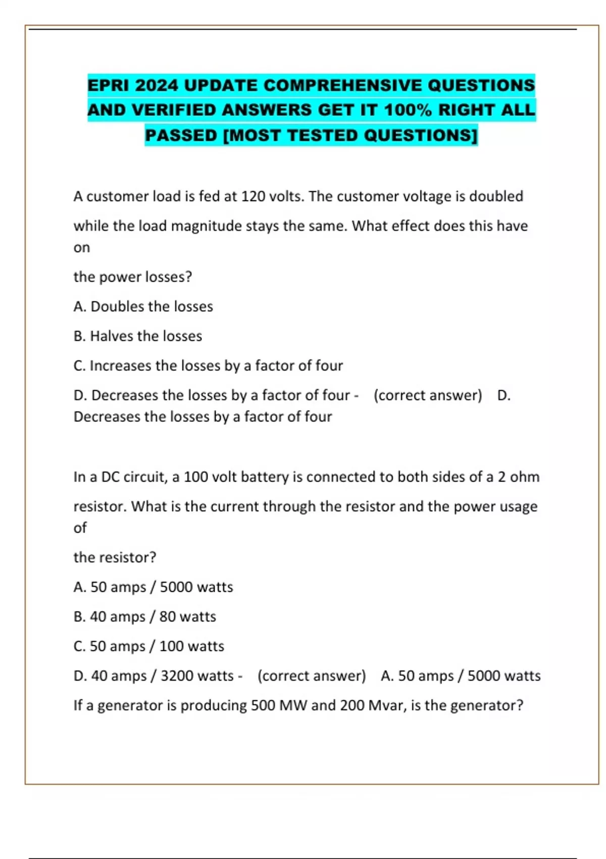 EPRI 2024 UPDATE COMPREHENSIVE QUESTIONS AND VERIFIED ANSWERS GET IT ...