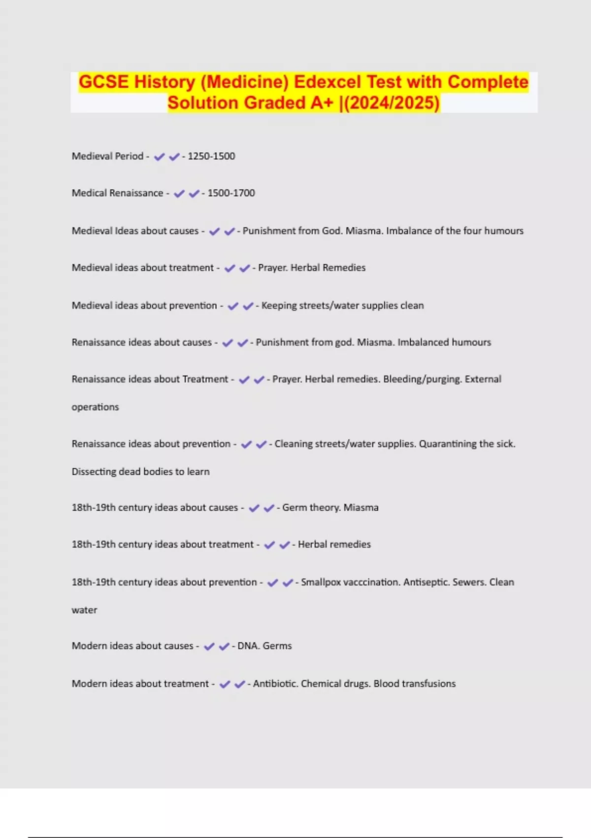 GCSE History (Medicine) Edexcel Test with Complete Solution Graded A+ ...