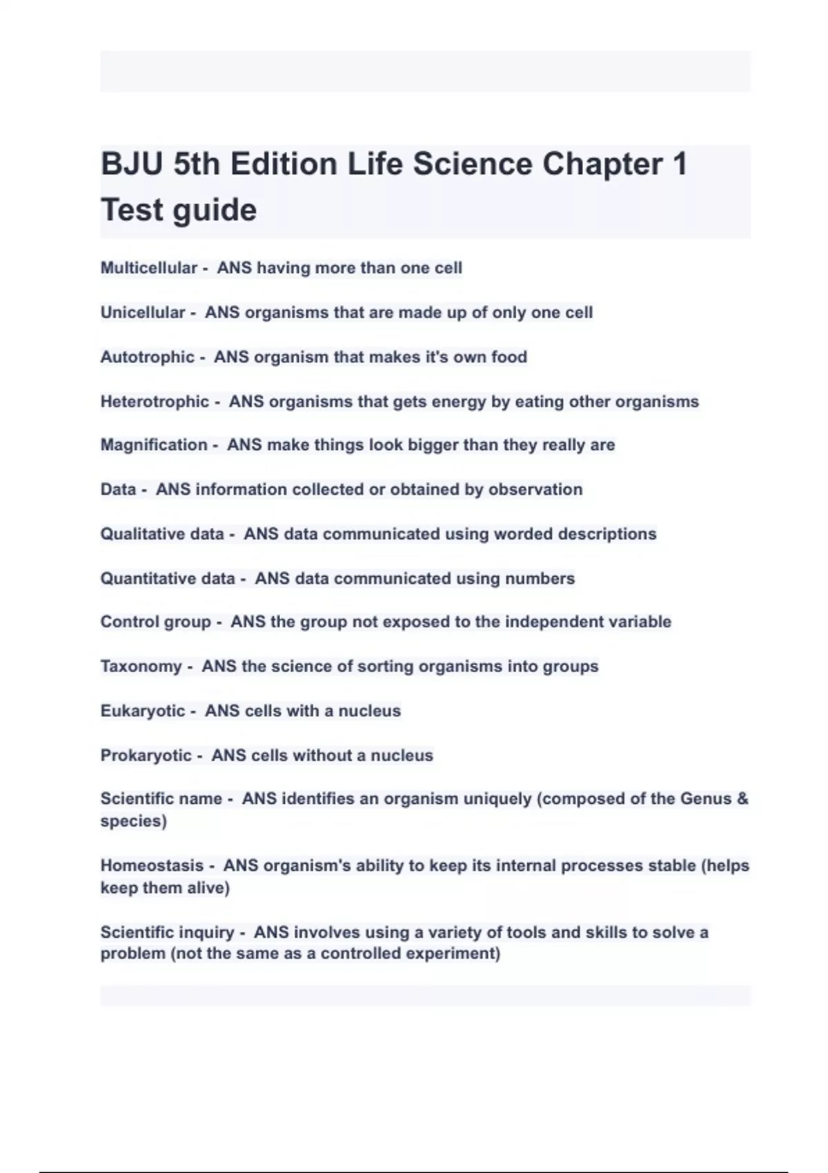 BJU 5th Edition Life Science Chapter 1 Test Guide Exam Questions and ...