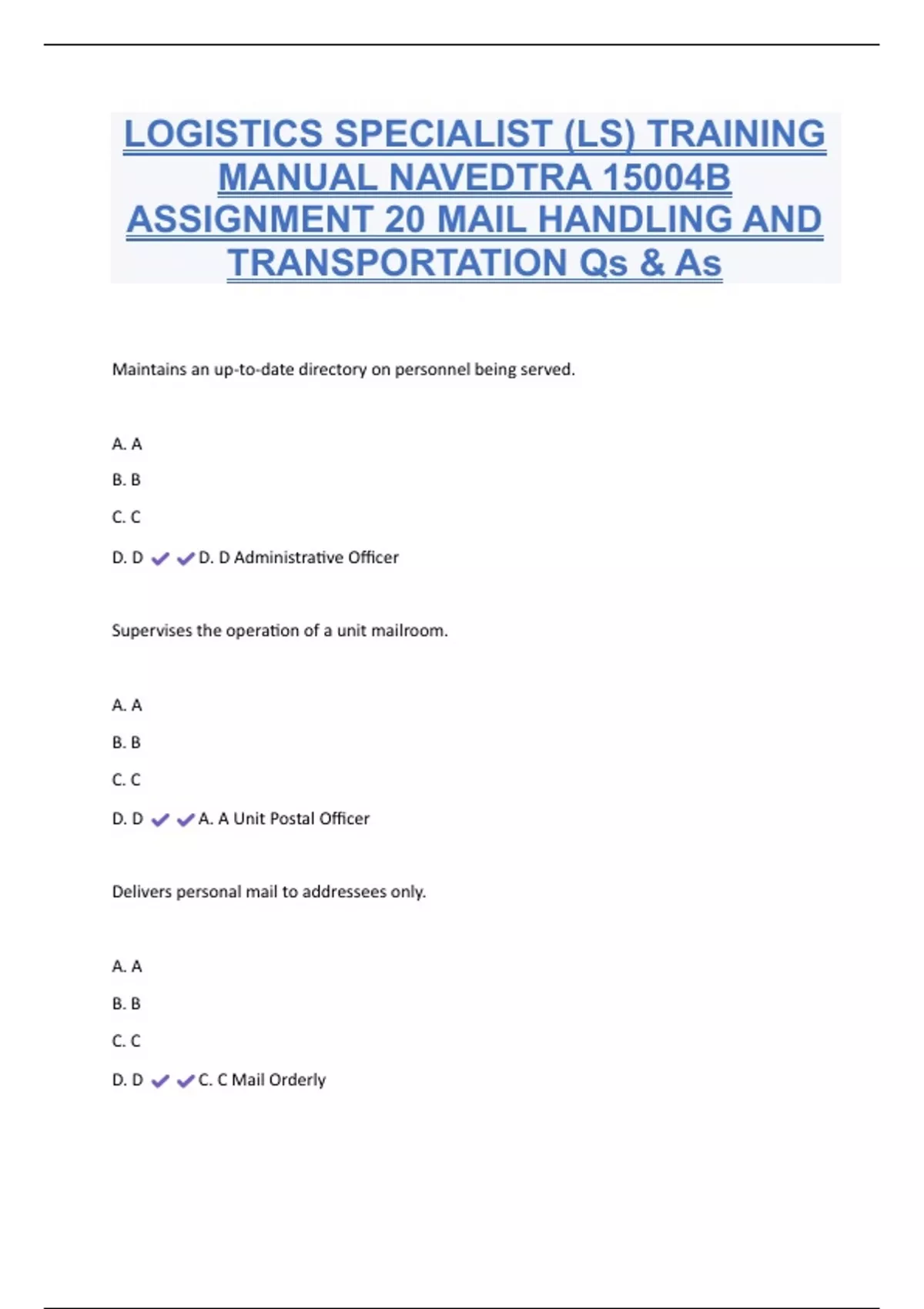 LOGISTICS SPECIALIST (LS) TRAINING MANUAL NAVEDTRA 15004B ASSIGNMENT 20 ...