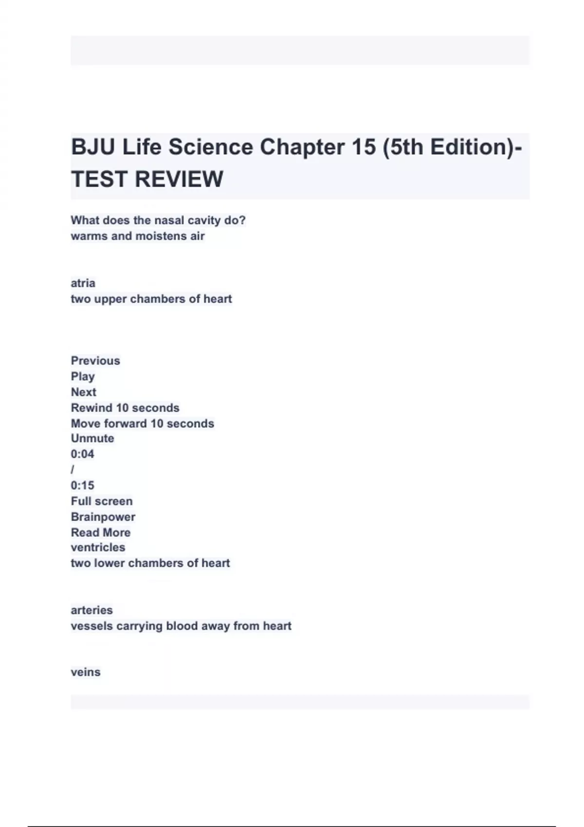 BJU Life Science Chapter 15 (5th Edition)- Test Review Exam Questions ...