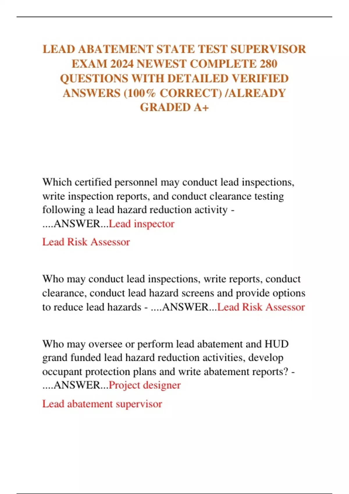 LEAD ABATEMENT STATE TEST SUPERVISOR EXAM 2024 NEWEST COMPLETE 280 ...