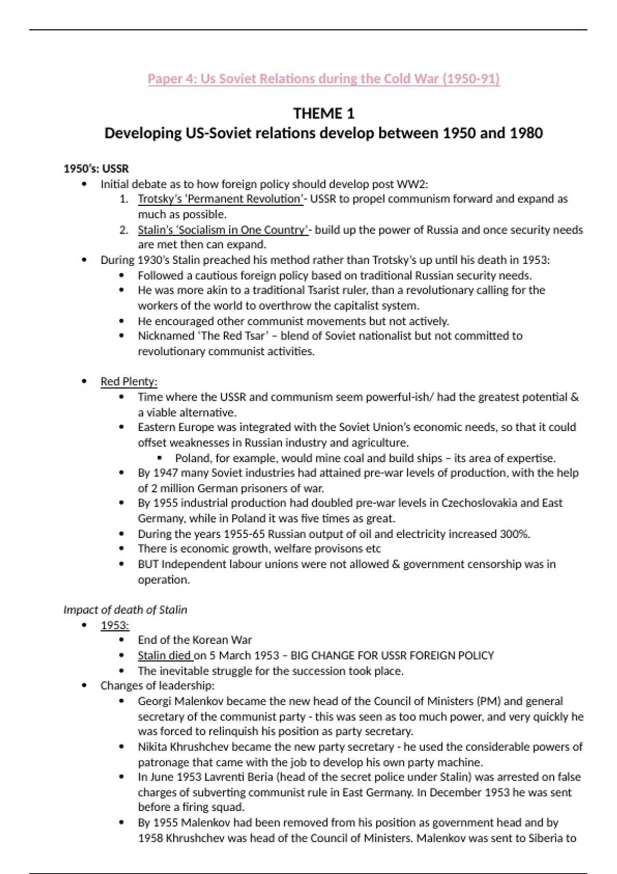 Summary CIE History A Level: US–Soviet relations during the Cold War ...