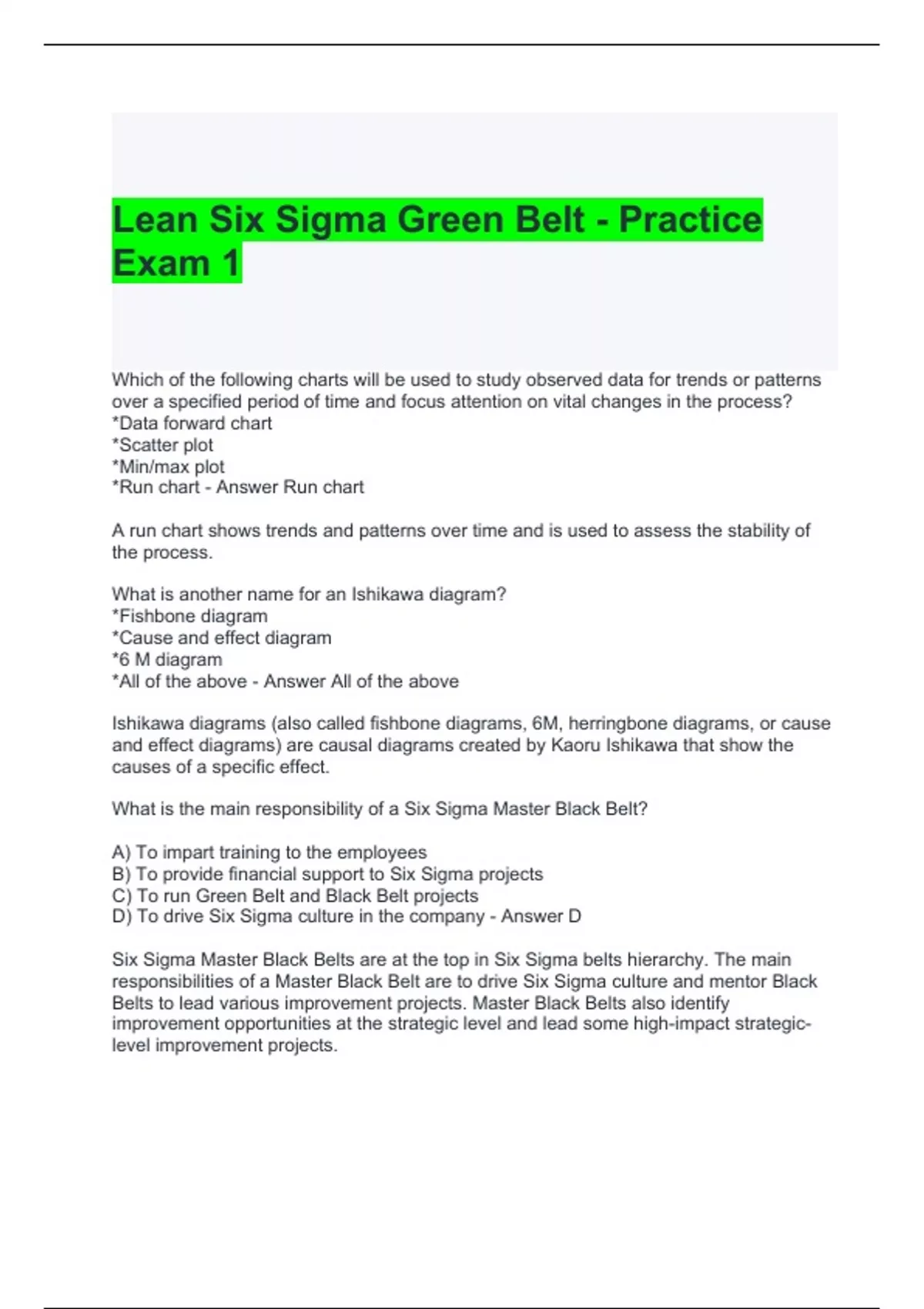 Lean Six Sigma Green Belt - Practice Exam 1 with correct Answers - Six ...