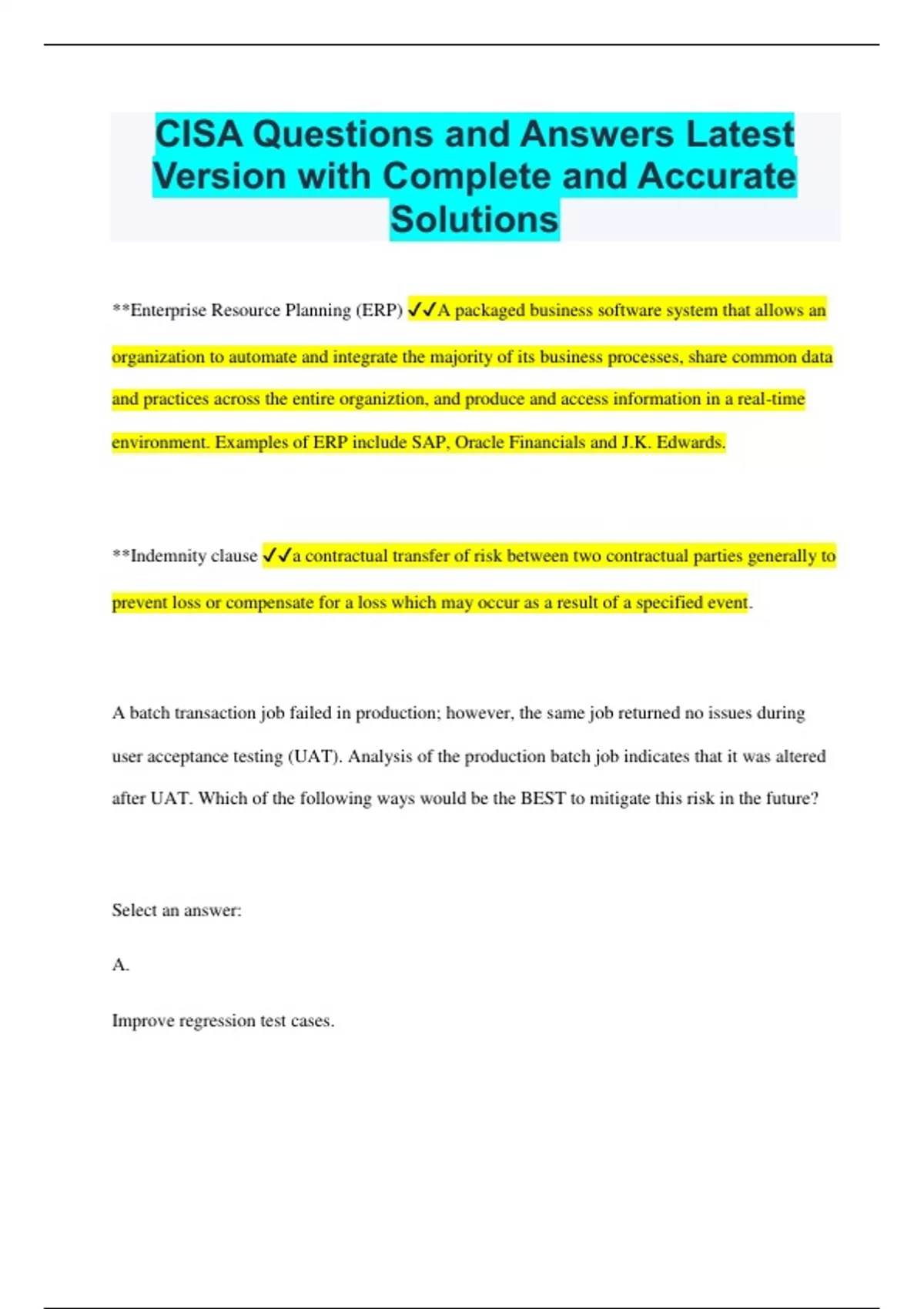 CISA Questions and Answers Latest Version with Complete and Accurate ...