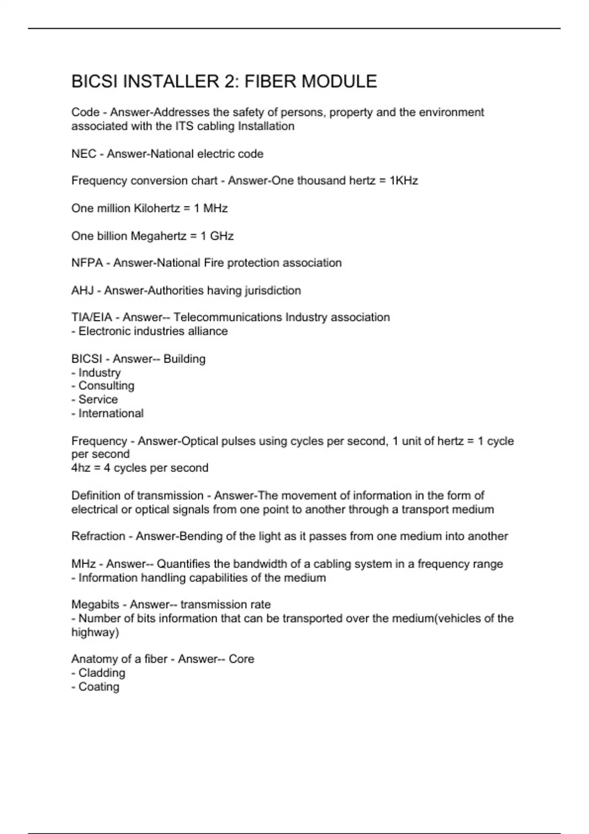 BICSI INSTALLER 2: FIBER MODULE - BICSI INSTALLER 2 - Stuvia US