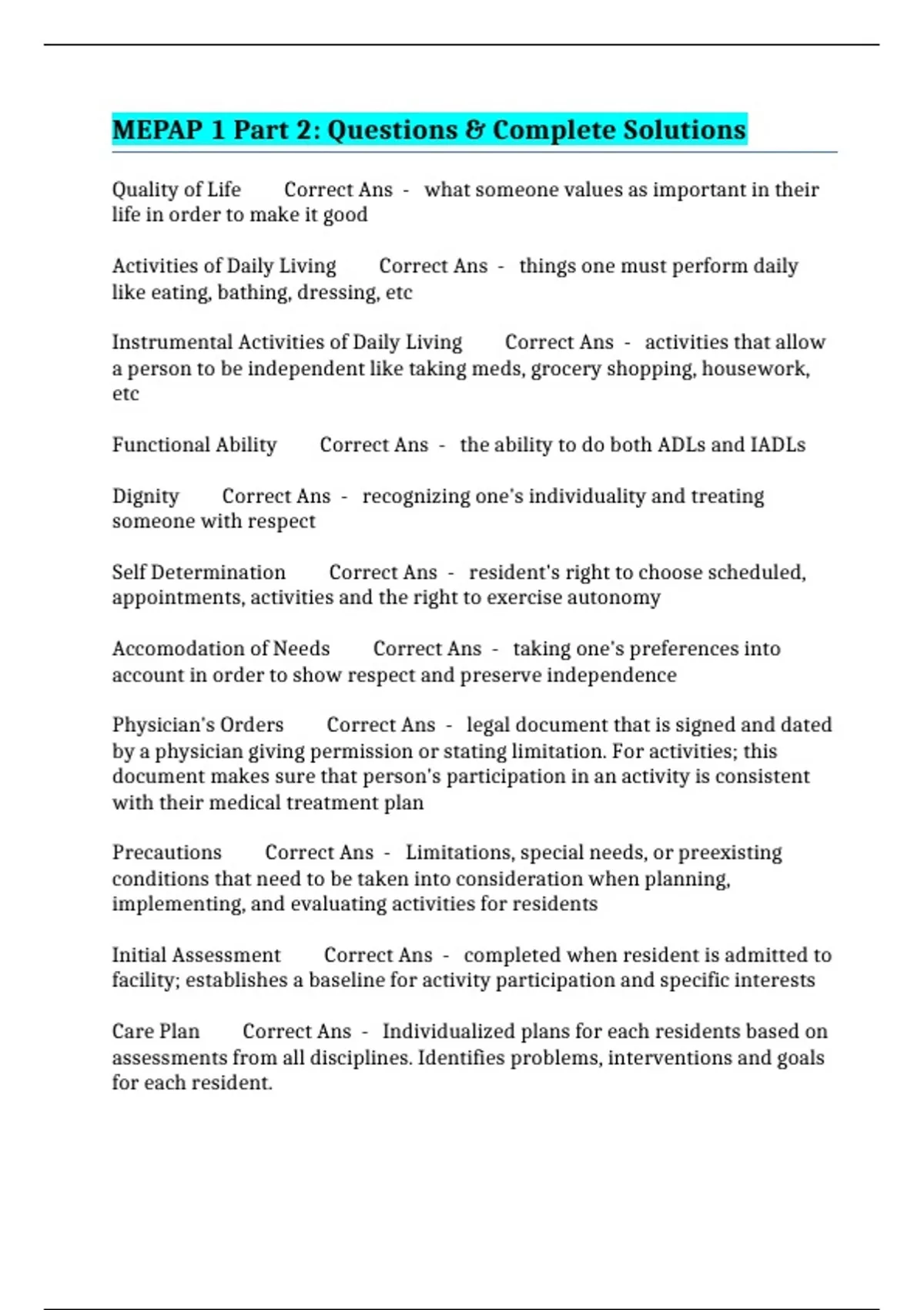 MEPAP 1 Part 2: Questions & Complete Solutions - NCCAP Certification - Stuvia US