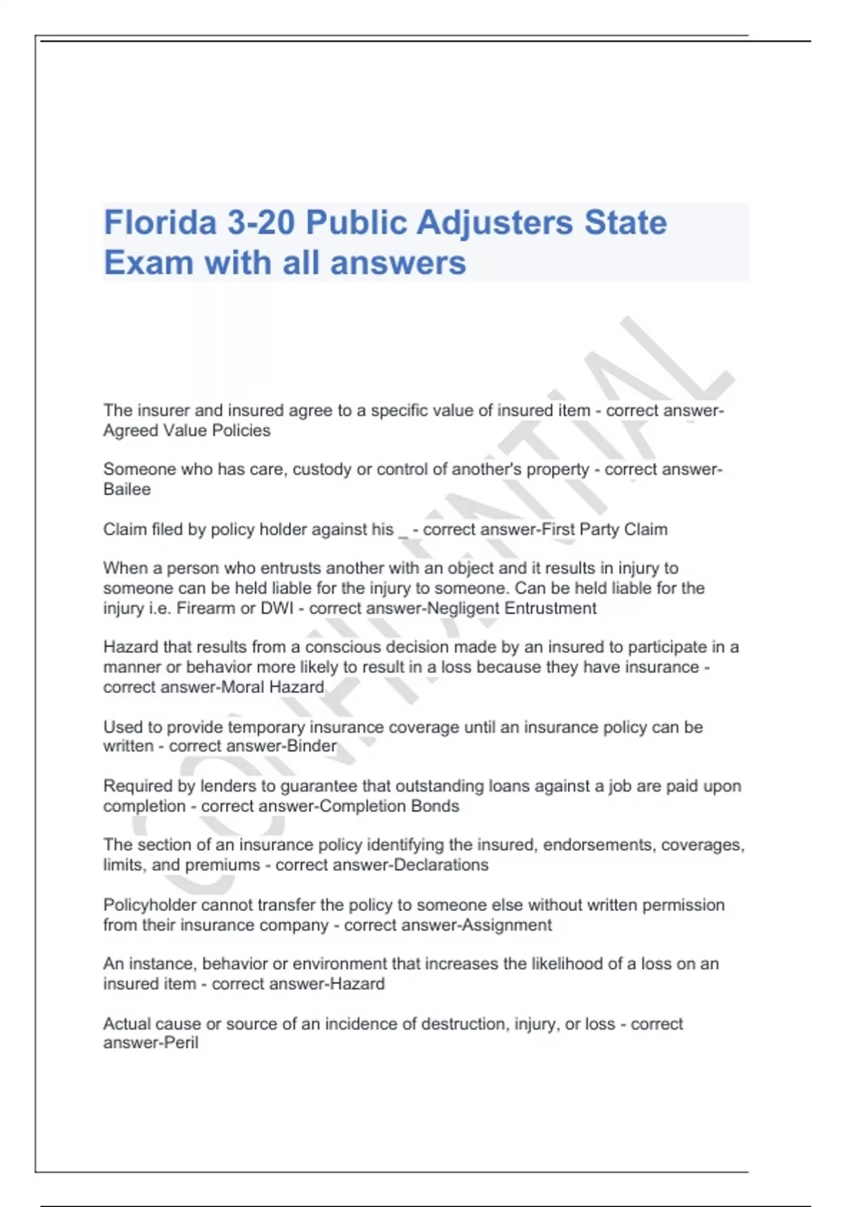 Florida 3-20 Public Adjusters State Exam with all answers - Florida 3 ...