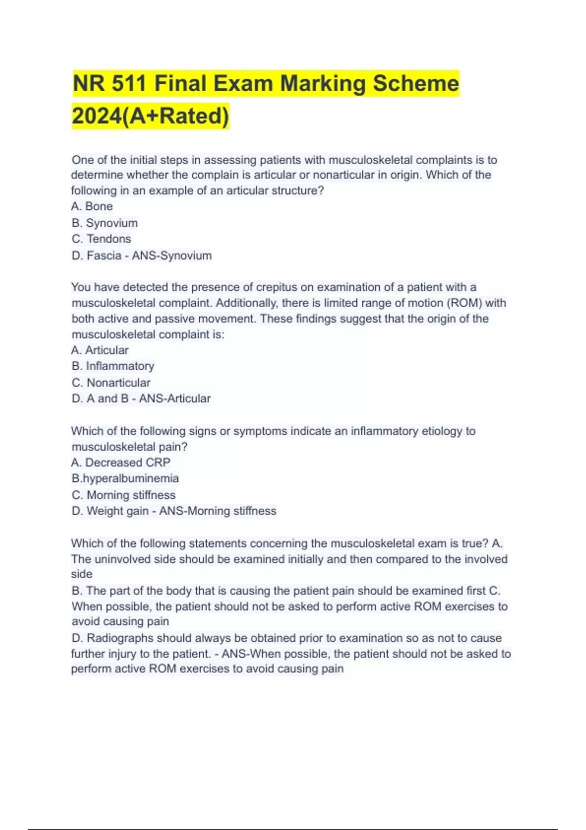 NR 511 Final Exam Marking Scheme 2024(A+Rated) (2025/ 2026) Revised ...