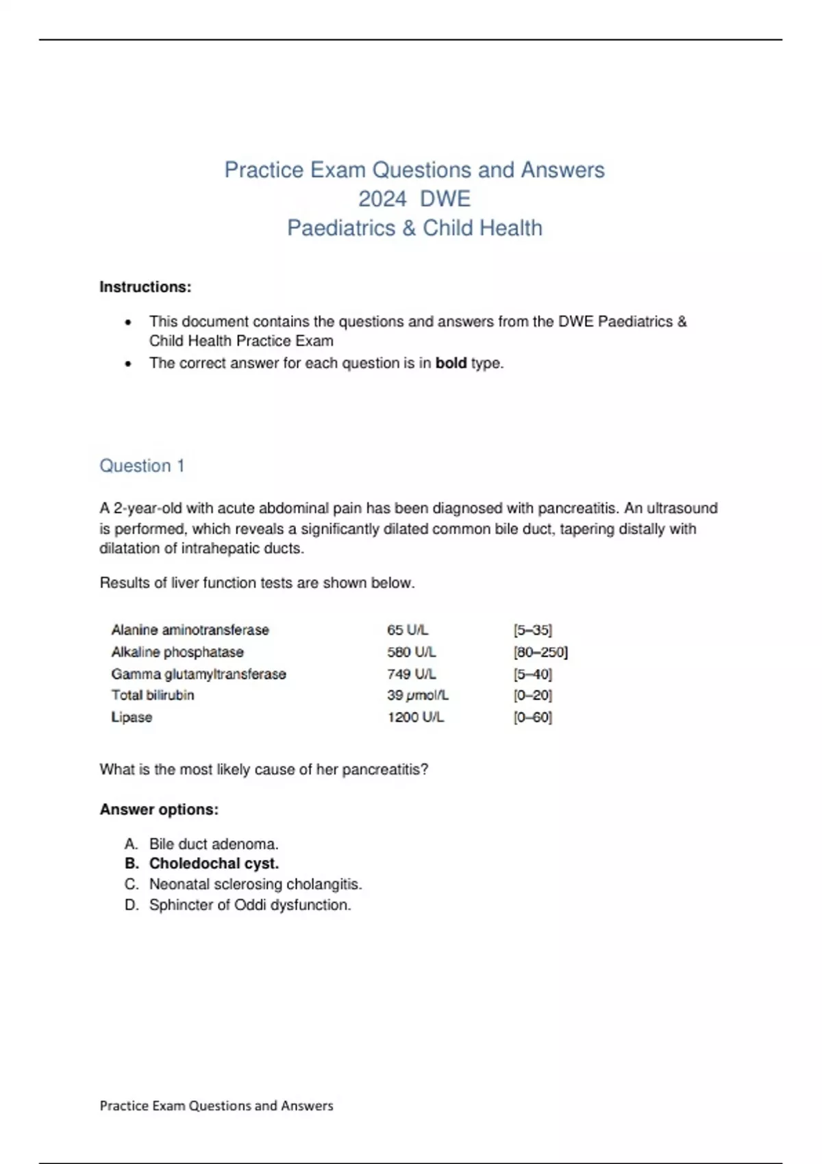 Practice Exam Questions and Answers 2024 DWE Paediatrics & Child Health - Paediatrics & Child ...