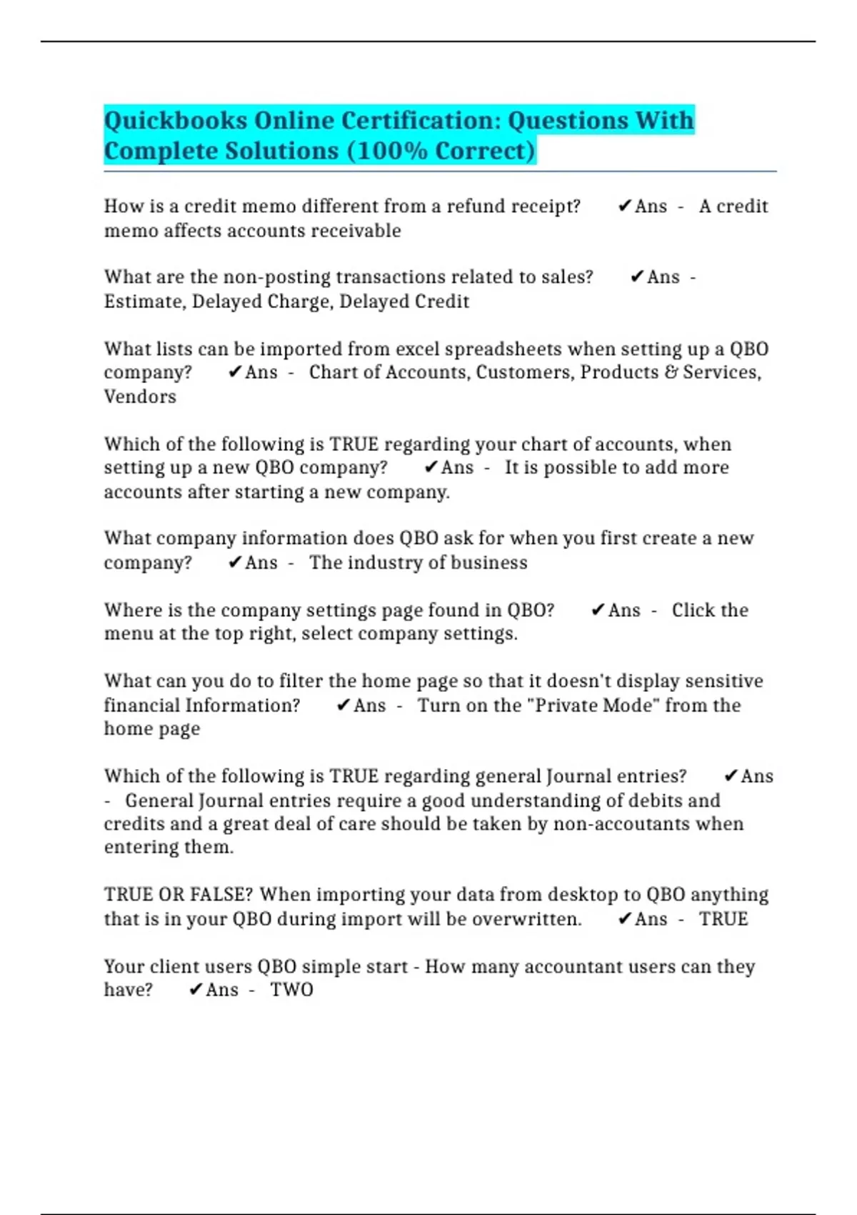 Quickbooks Online Certification: Questions With Complete Solutions (100 ...