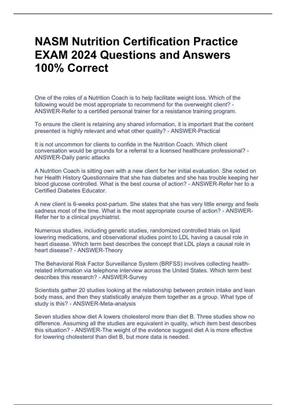 NASM Nutrition Certification Practice EXAM 2024 Questions and Answers ...