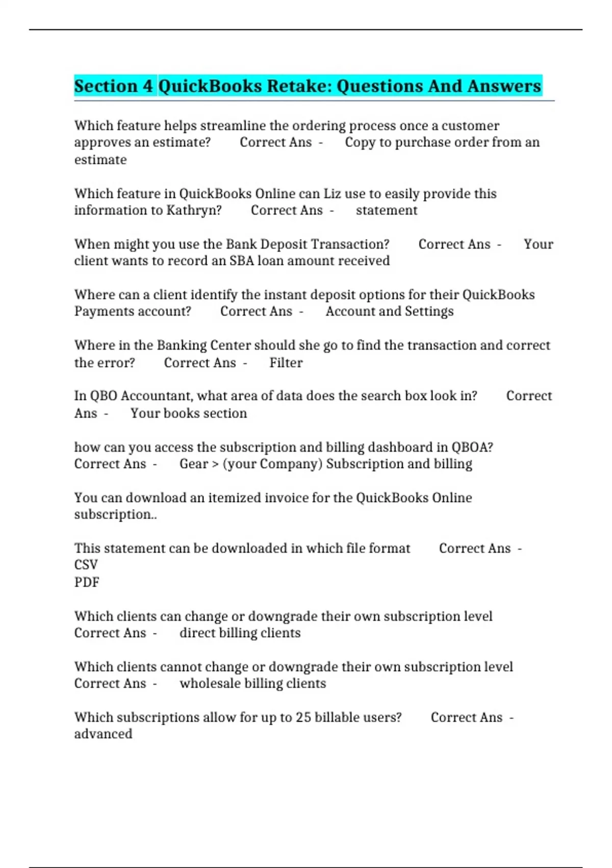 Section 4 QuickBooks Retake: Questions And Answers - QUICKBOOKS ONLINE ...