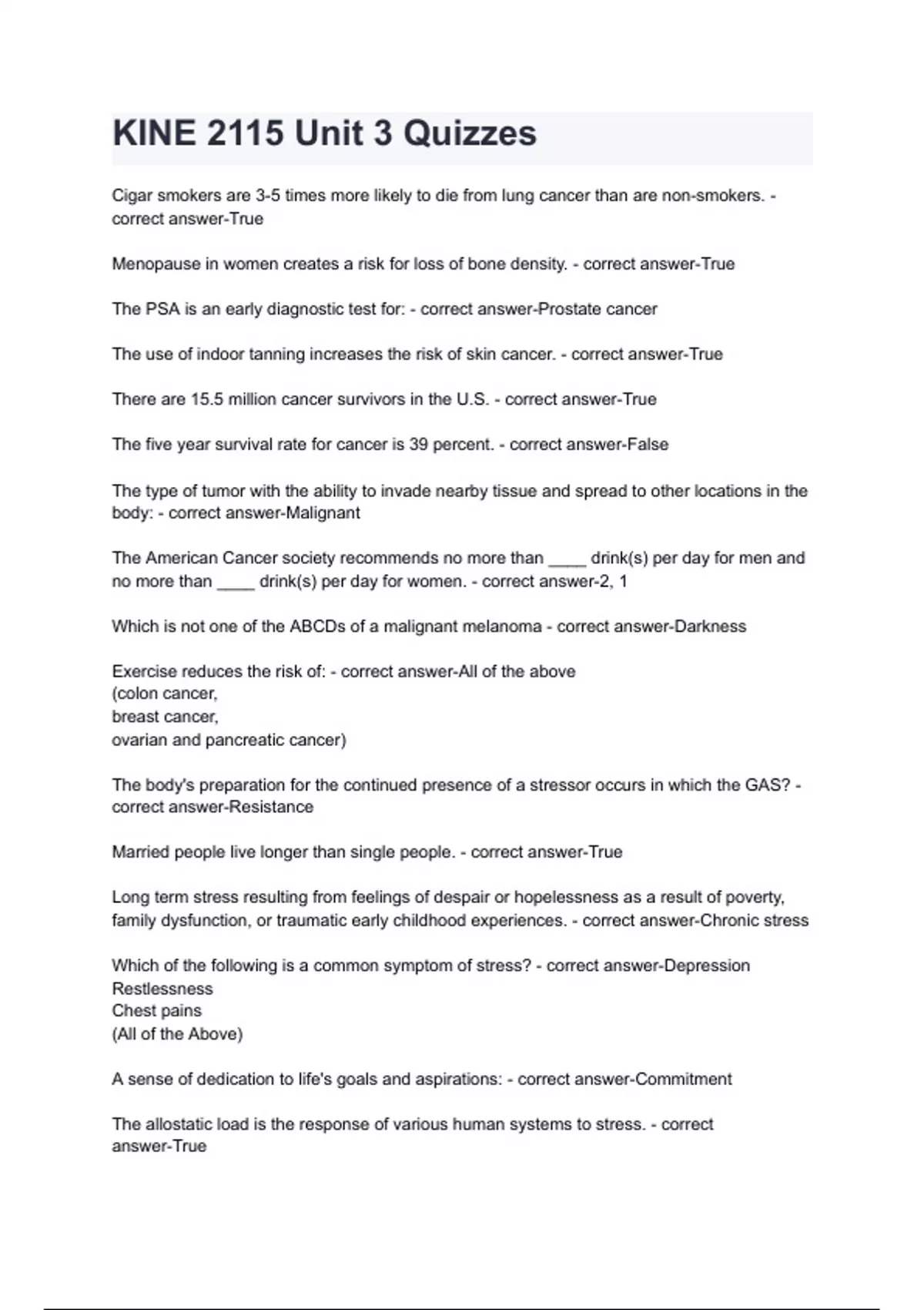 KINE 2115 Unit 3 Quizzes (2025/ 2026) Revised Complete Detailed Answers ...